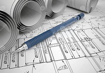 Scrolls Engineering Drawings and Automatic Pencil Stock Image - Image ...