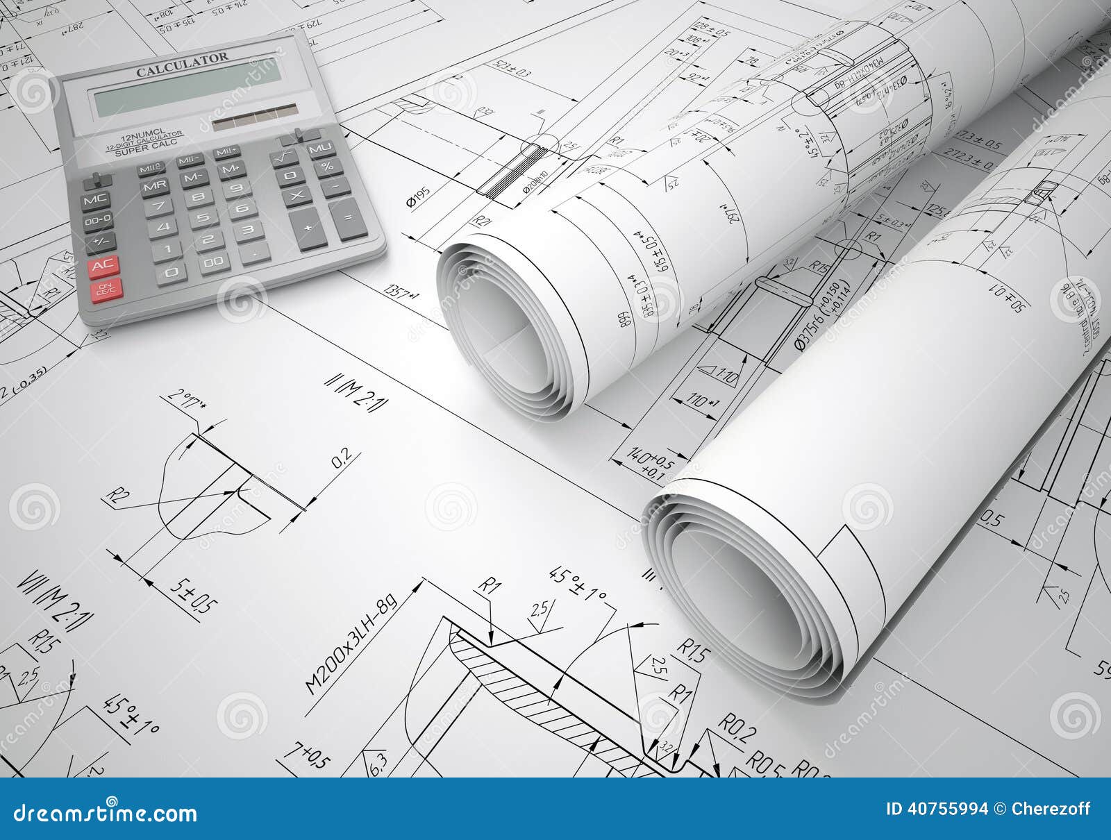 Scrolls Of Engineering Drawings. Render On A White Back Stock ...