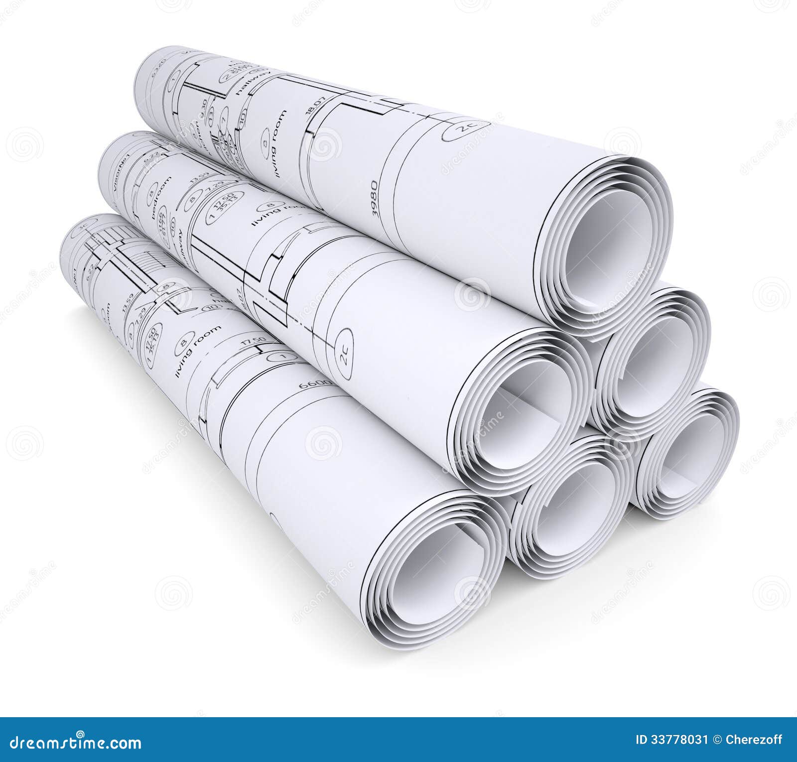 Scrolls Of Engineering Drawings. Render On A White Back Stock ...