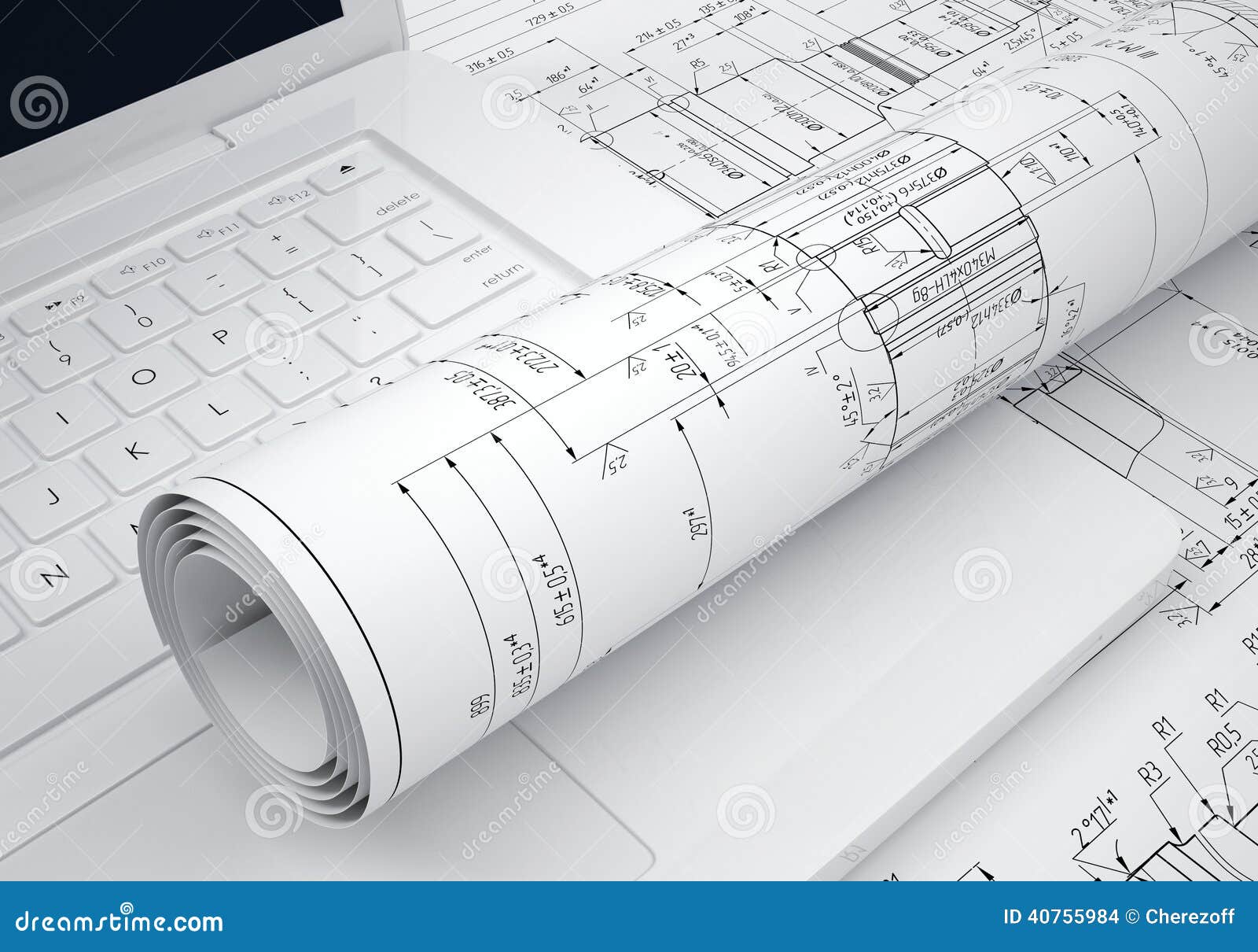 Scrolls Of Engineering Blueprints With Drawing Compass, Pencil A ...