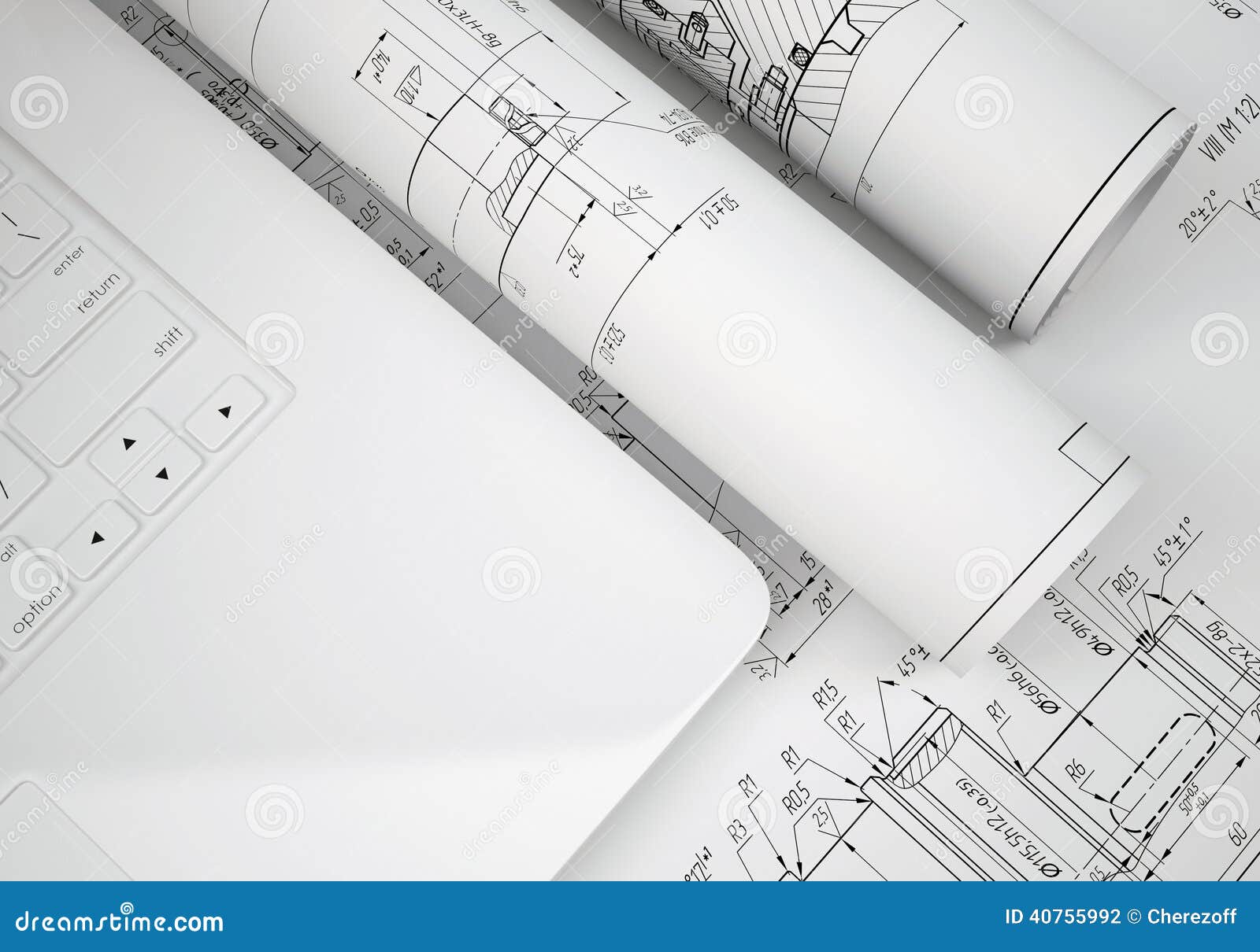 Scrolls Of Engineering Blueprints With Drawing Compass, Pencil A ...