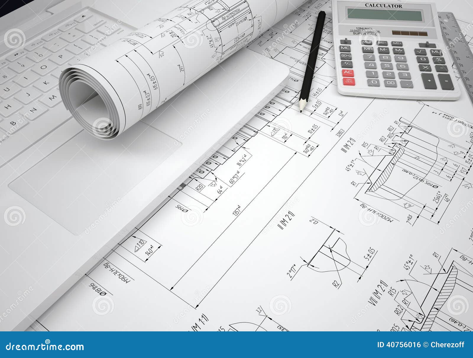 Scrolls Engineering Drawings and Laptop Stock Photo - Image of ...