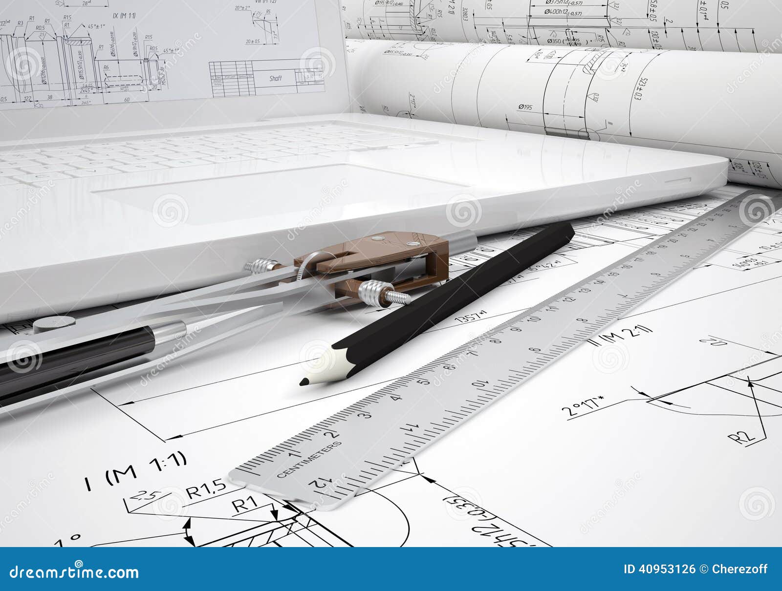 Scrolls Of Engineering Blueprints With Drawing Compass, Pencil A ...
