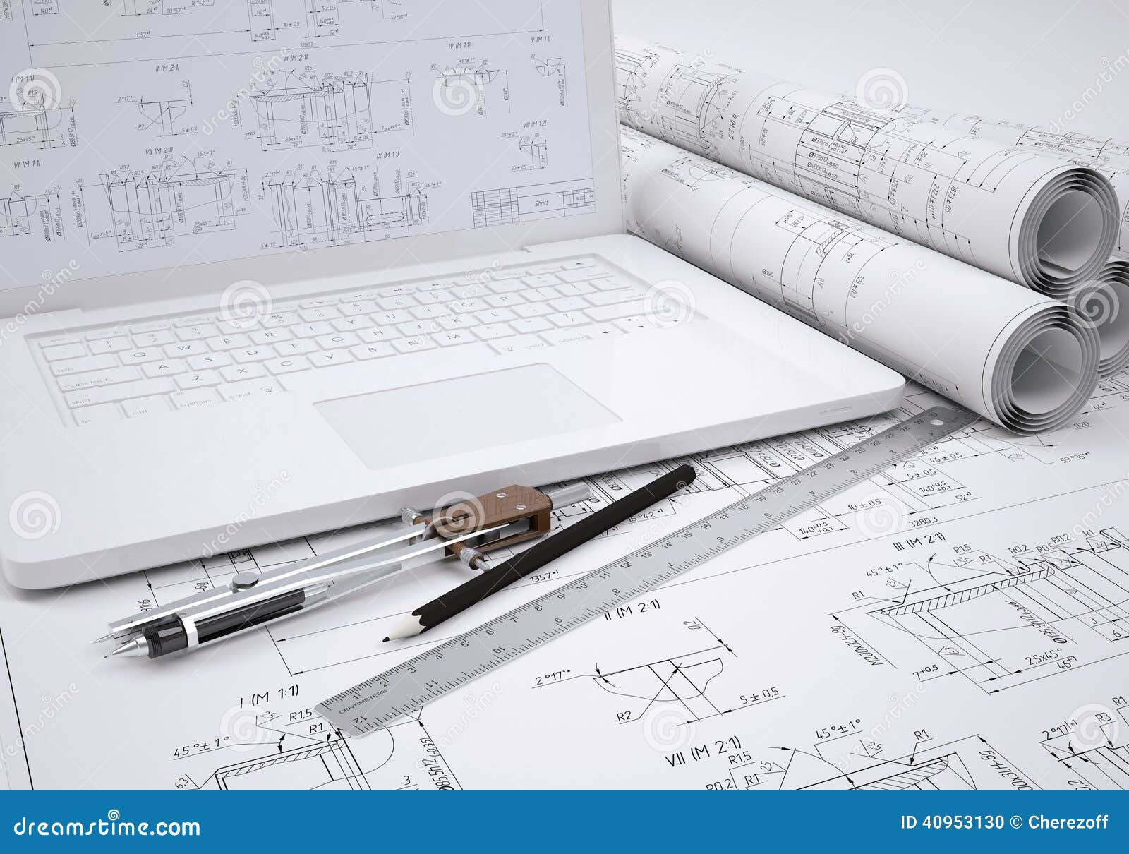 Scrolls Of Engineering Blueprints With Drawing Compass, Pencil A ...