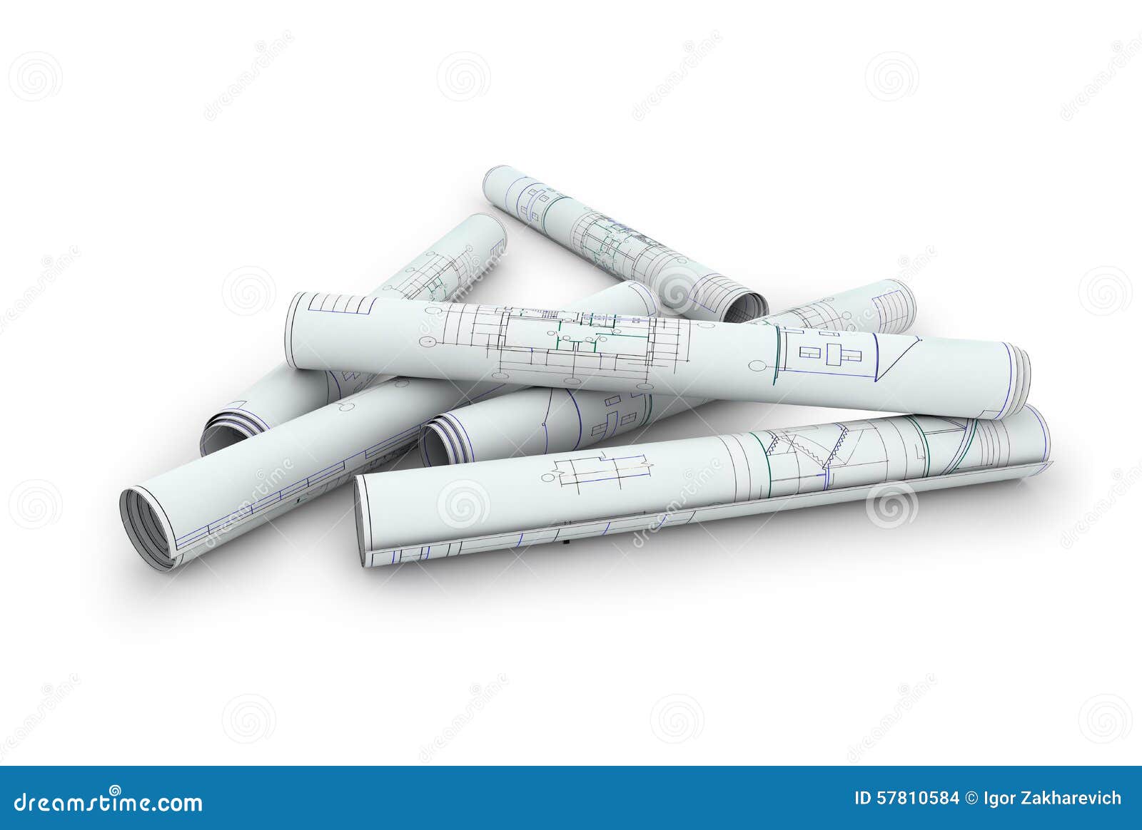 Scrolls of Engineering Drawings. Render on a White Back Stock ...