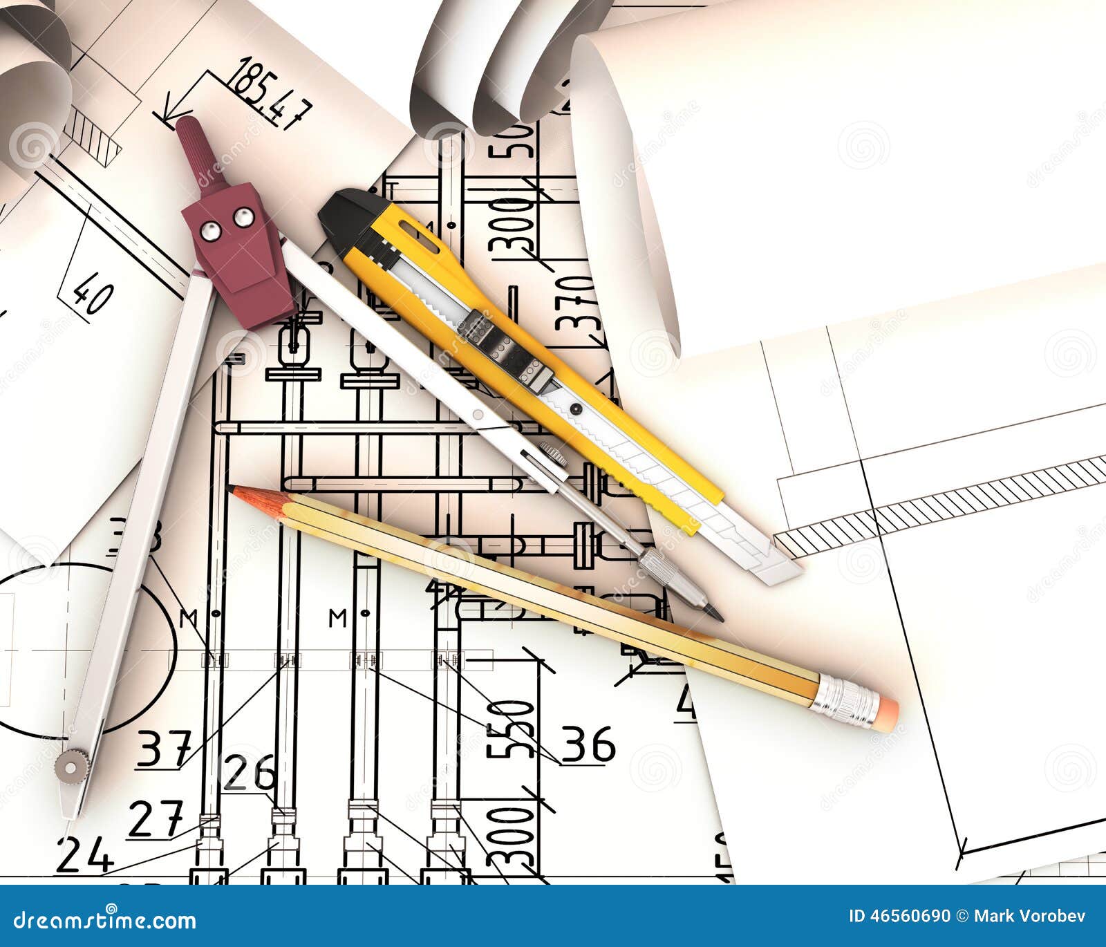 Scrolls Of Engineering Drawings. Render On A White Back Stock ...