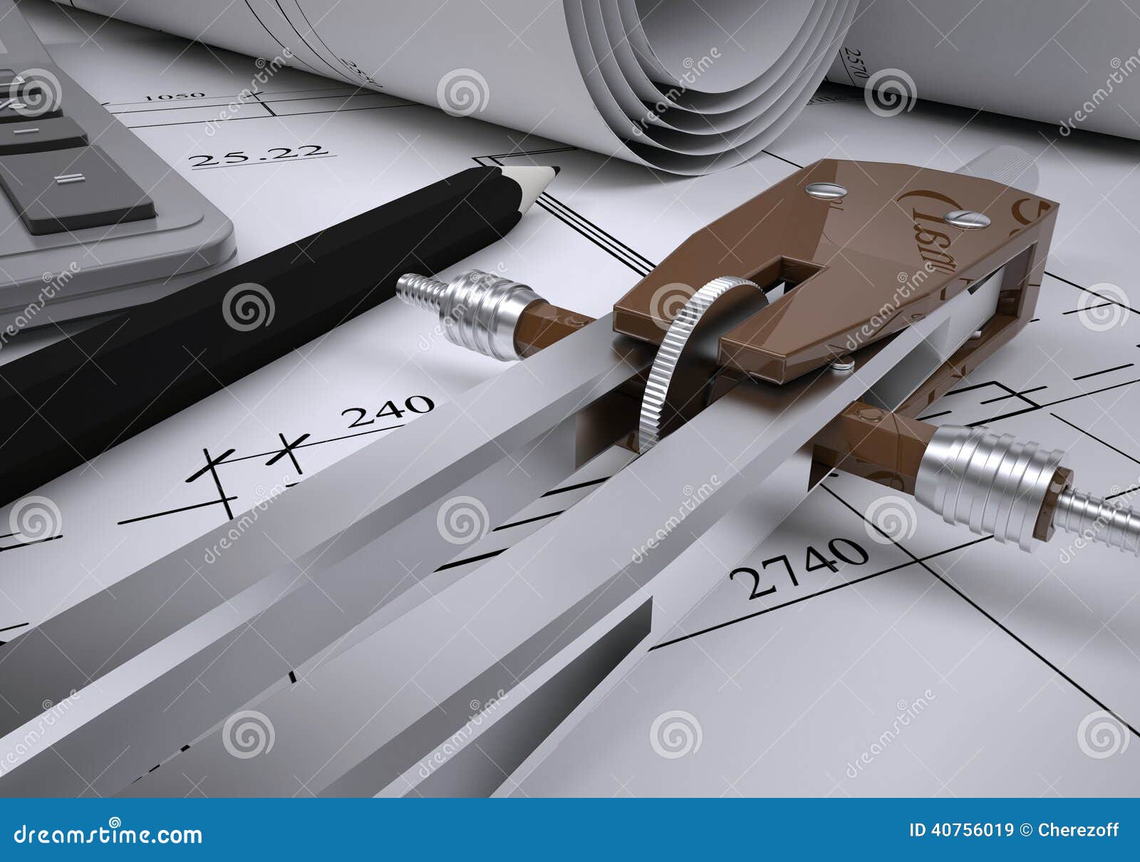Scrolls Of Engineering Drawings. Render On A White Back Stock ...