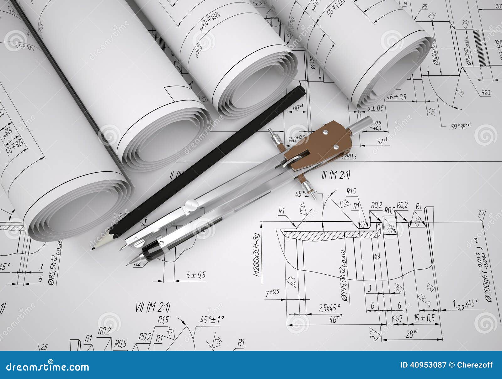 Scrolls Of Engineering Blueprints With Drawing Compass, Pencil A ...