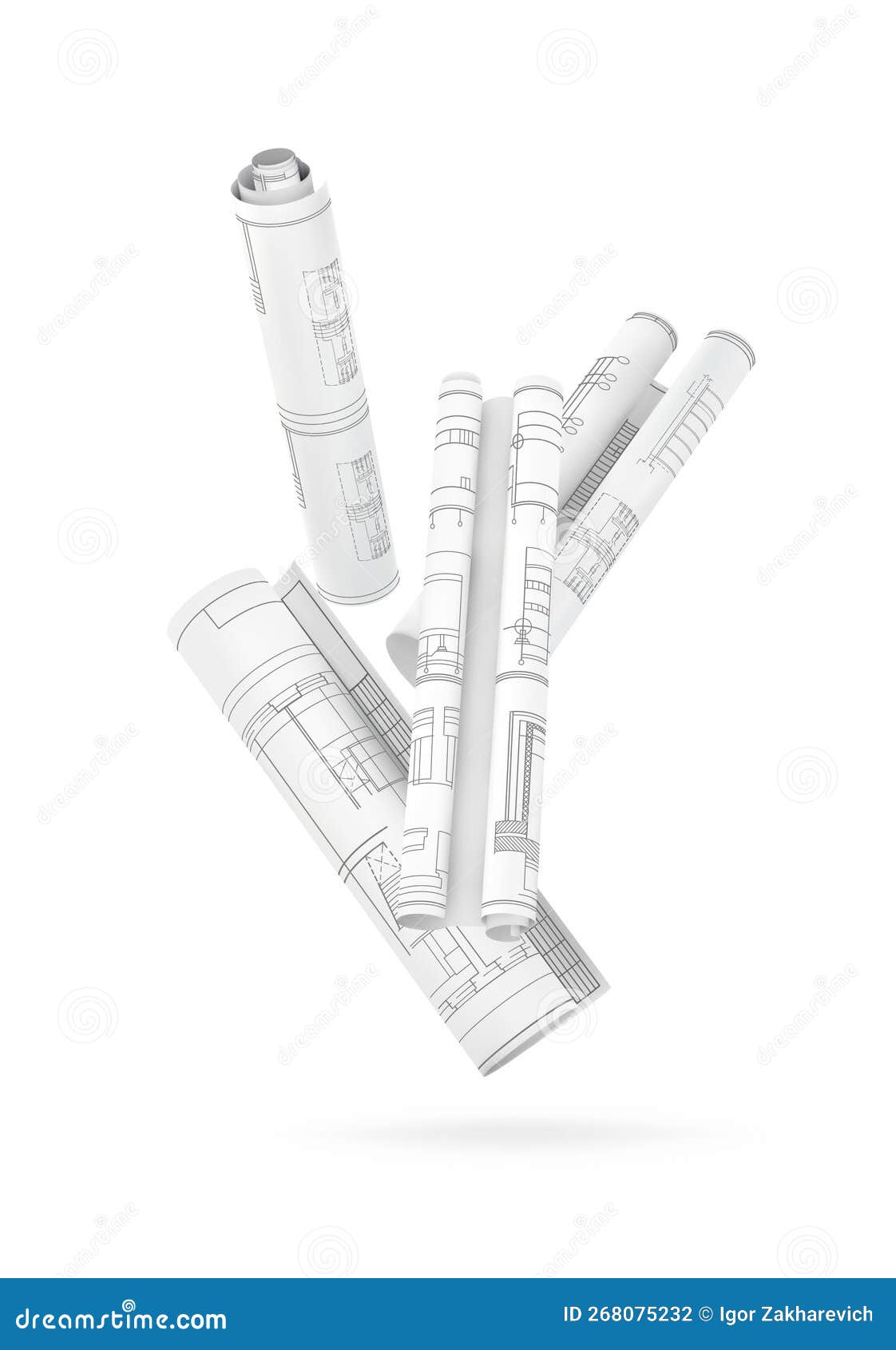 Scrolls of Paper with Blueprints on a White Background in the Air ...