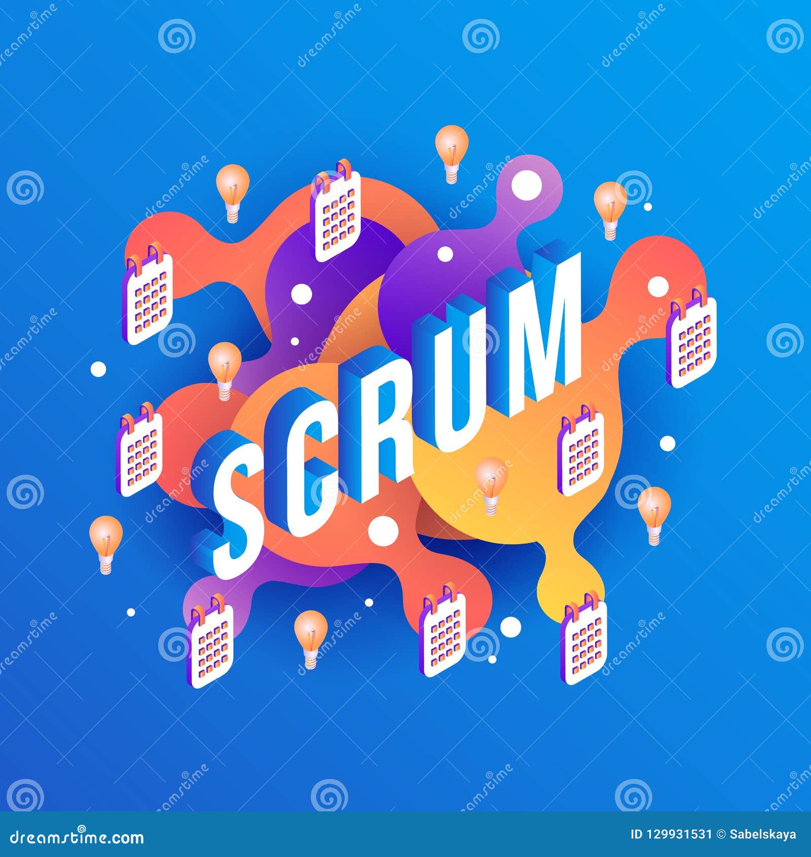Scrum Text Design Vector Illustration - Isometric Sign with Light Bulbs ...