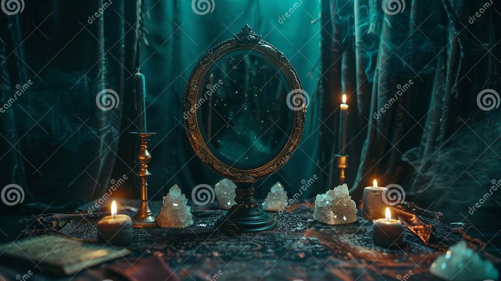 Mystical Ritual Setup with Scrying Mirror, Candles, and Crystals for ...