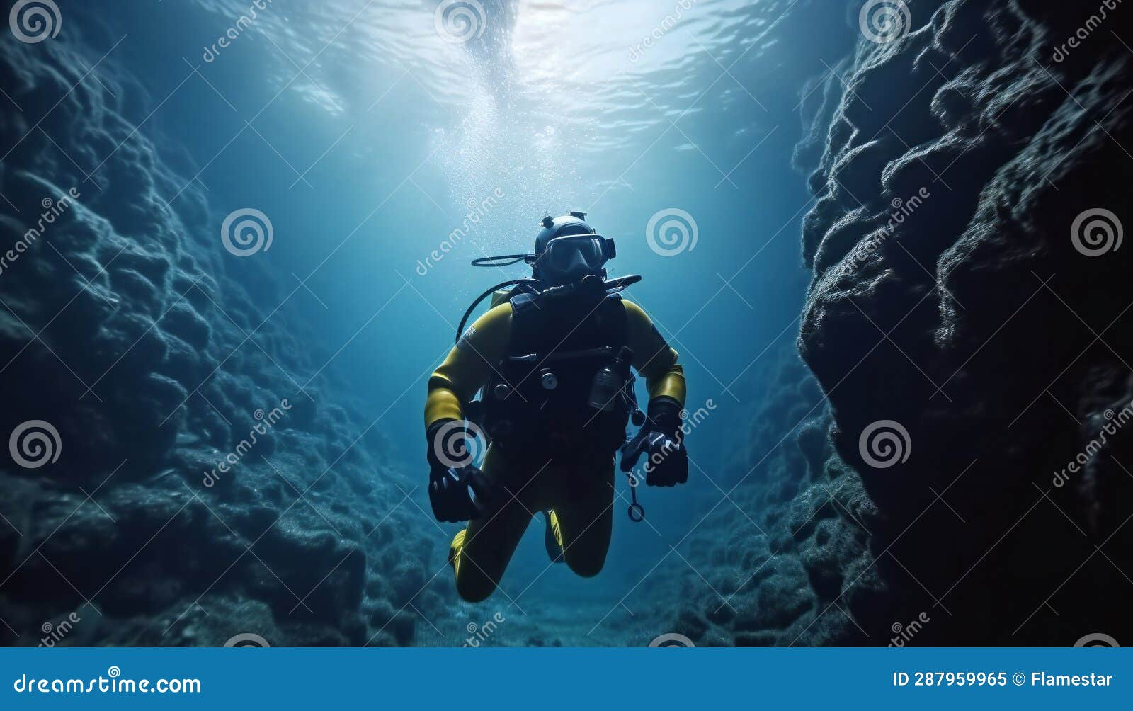 Scuba Deep Sea Diver Swimming In A Deep Ocean Cavern . Underwater ...