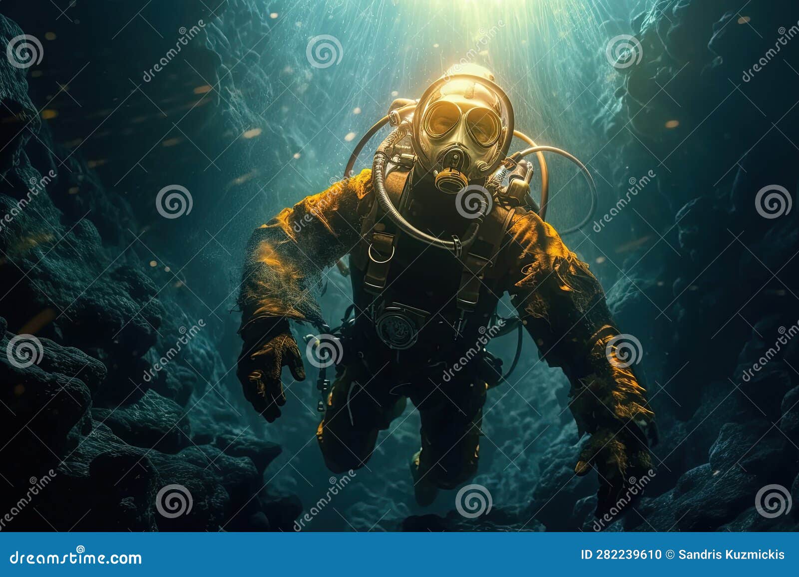 Scuba Deep Sea Diver Swimming In A Deep Ocean Cavern . Underwater ...
