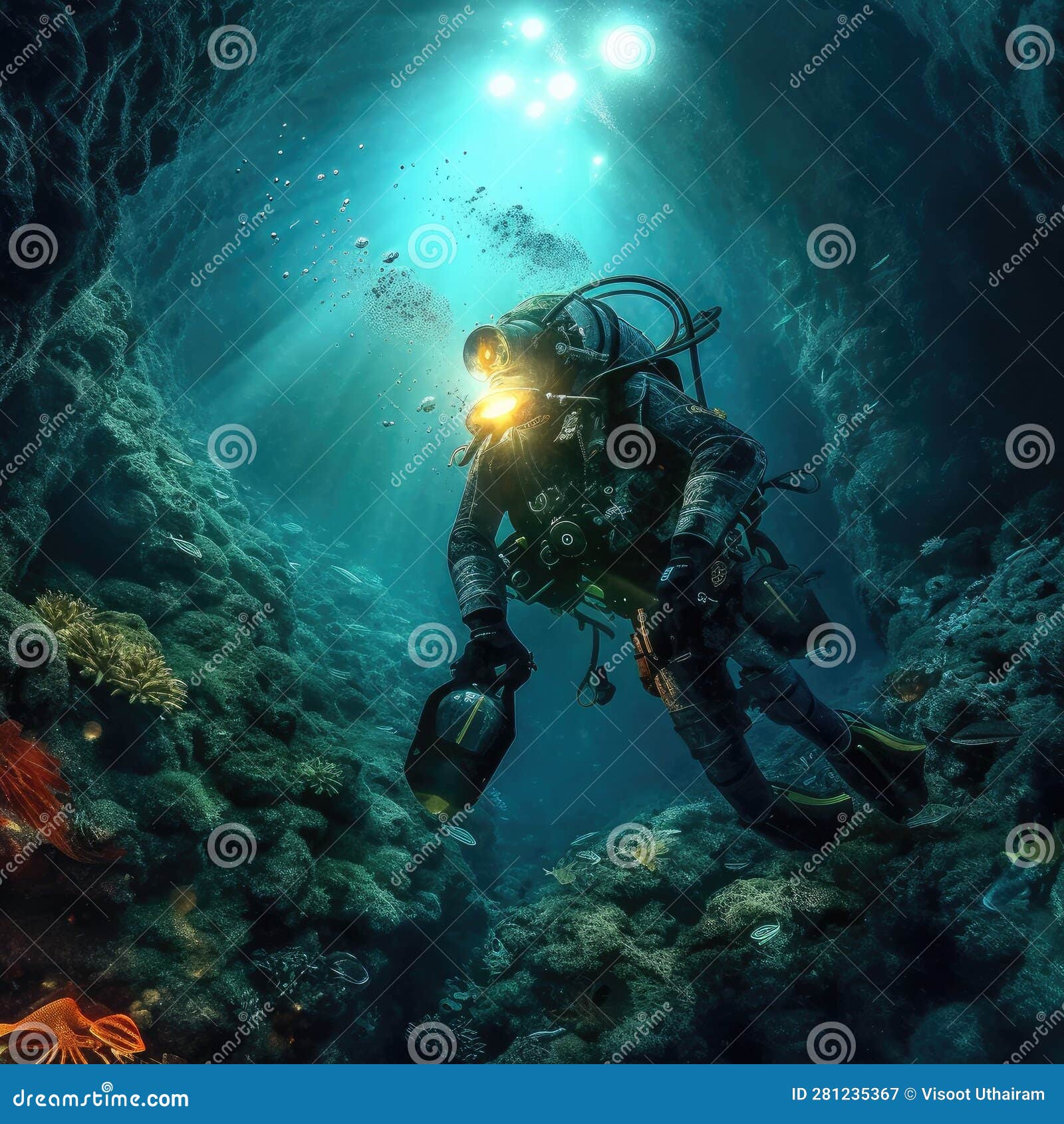 Scuba Deep Sea Diver Swimming In A Deep Ocean Cavern . Underwater ...