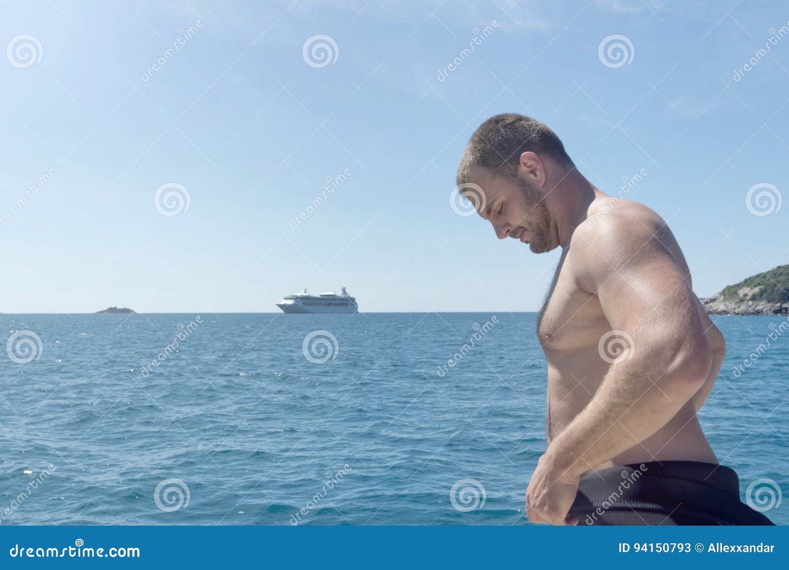 Scuba Diver on Boat, Putting on His Wetsuit. Stock Image - Image of ...