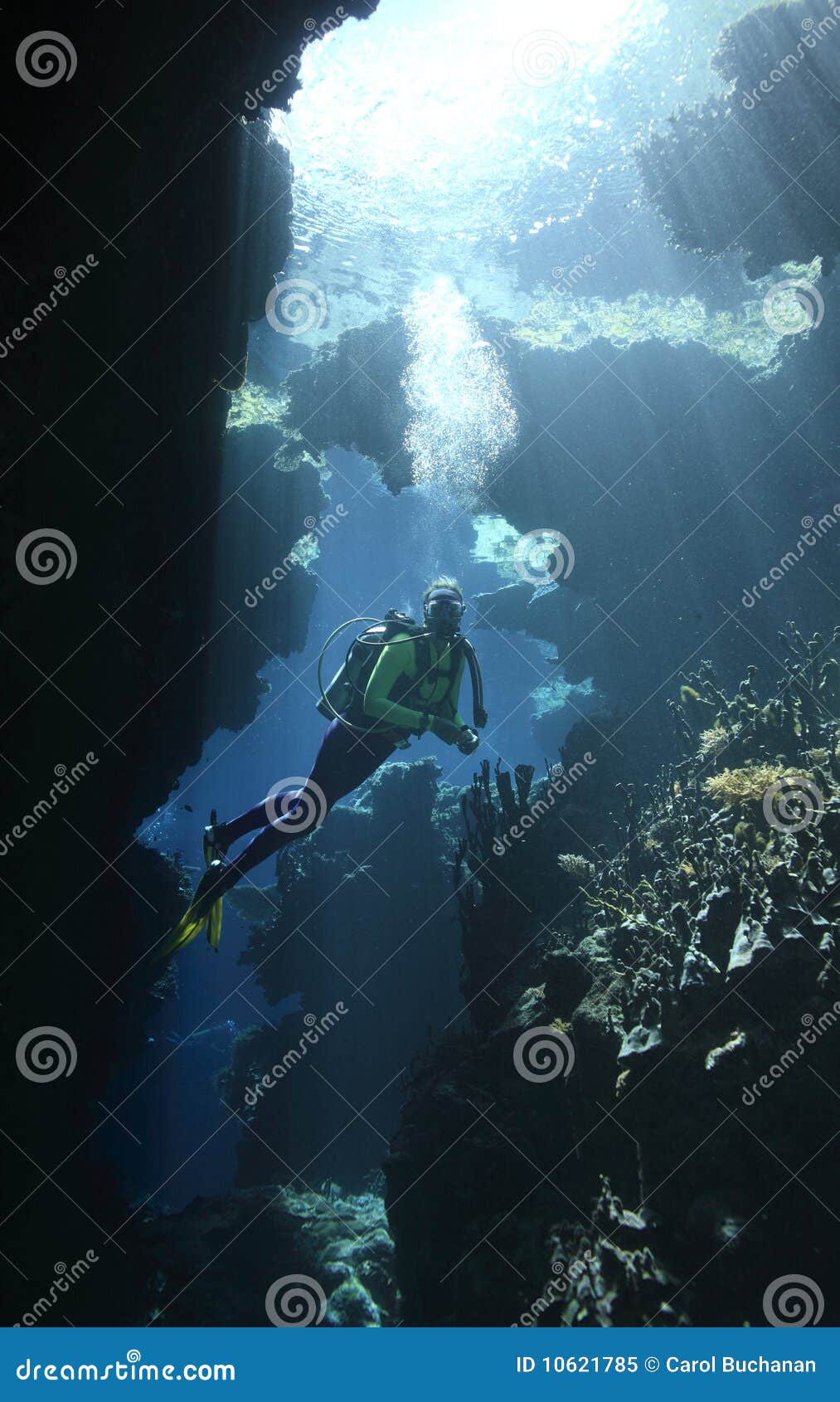 Scuba Diver in a Cave with Sunbeams Stock Image - Image of diver ...