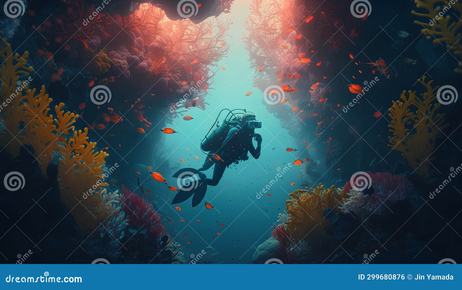 Scuba Diver on a Coral Reef in the Red Sea. 3d Rendering Stock ...