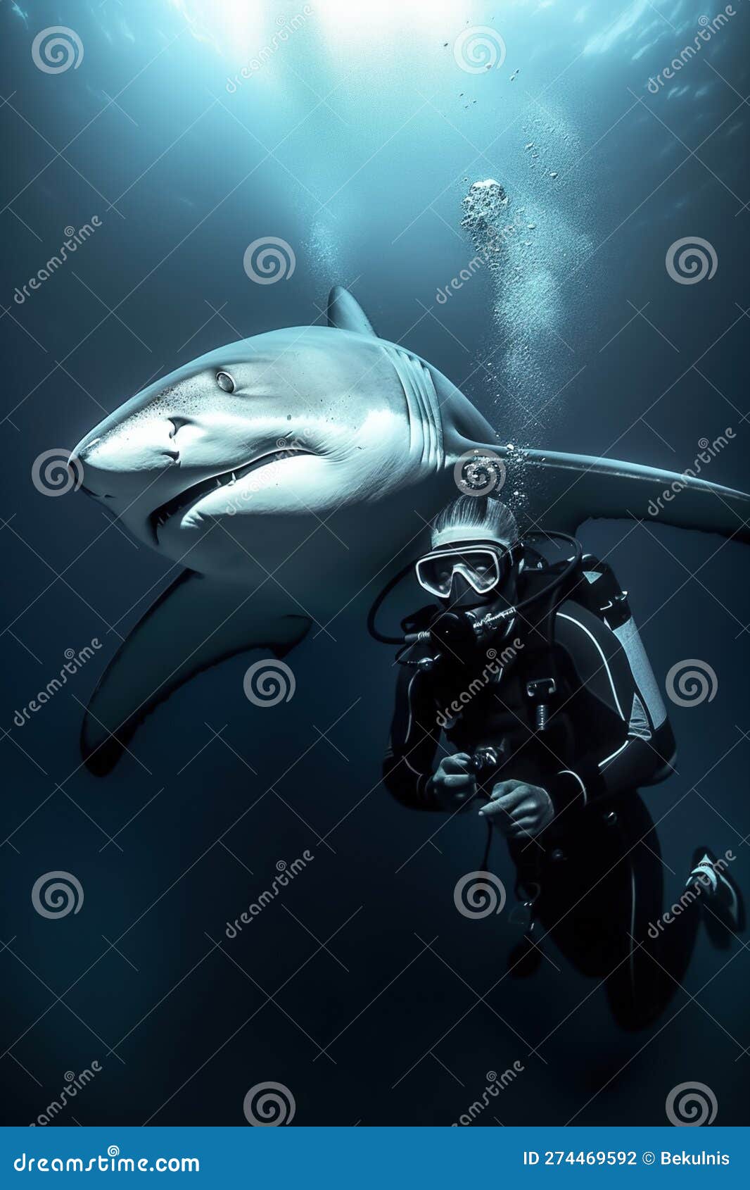 Scuba Diver Encounters Ferocious Shark. Generative Ai Stock ...