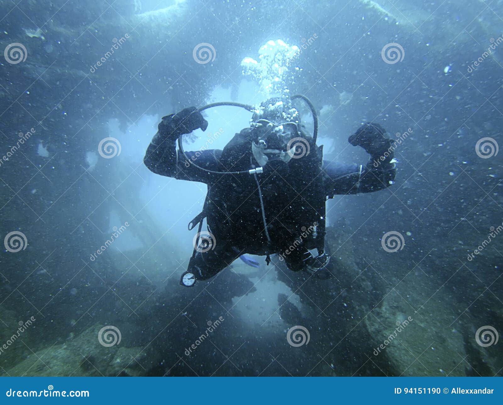 Scuba Diver Exploring the Inside Underwater Shipwreck Stock Photo ...