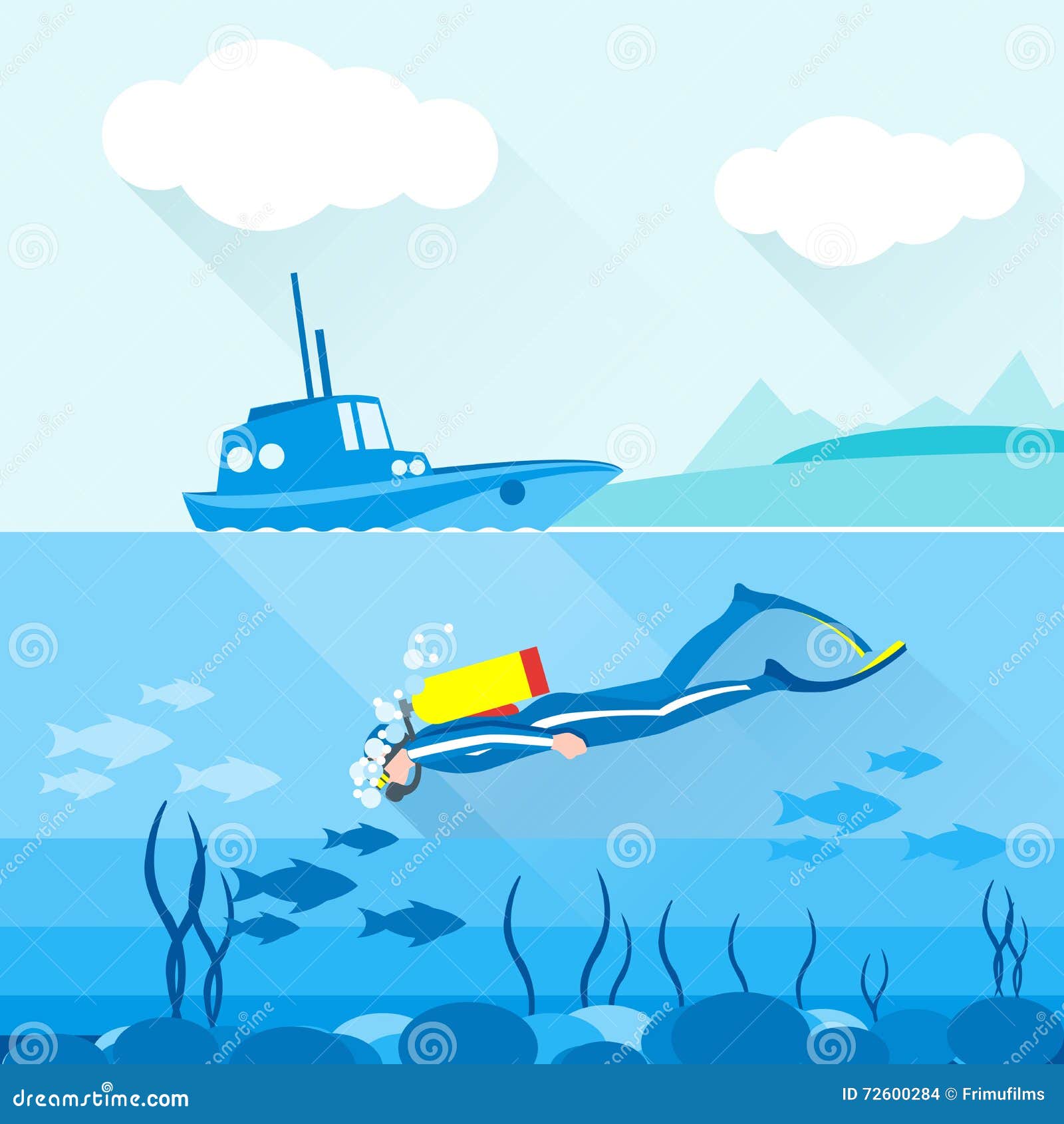 Scuba Diver Exploring Ocean Bottom with Algae and Fish Stock Vector ...