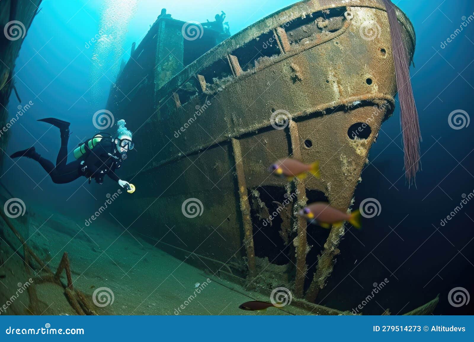 Scuba Diver Exploring Shipwreck, Swimming through Broken Hull and ...