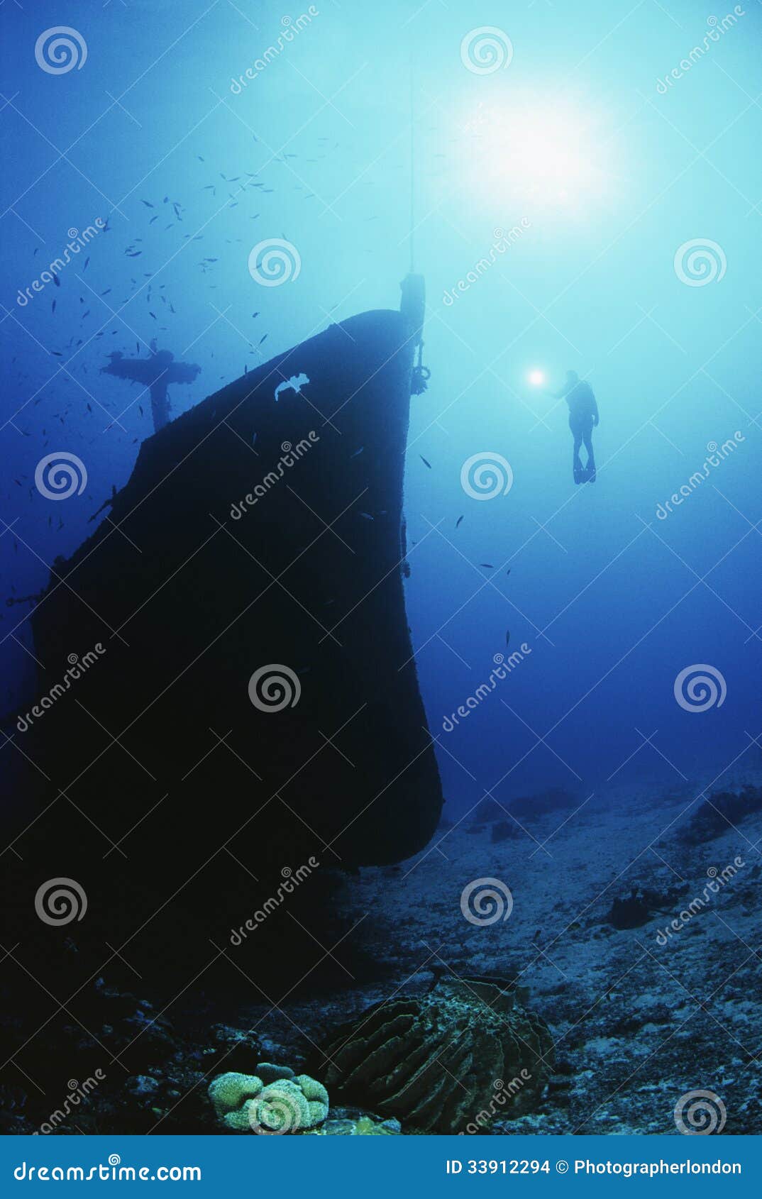 Scuba Diver Exploring Sunken Ship Stock Photo - Image of battleship ...