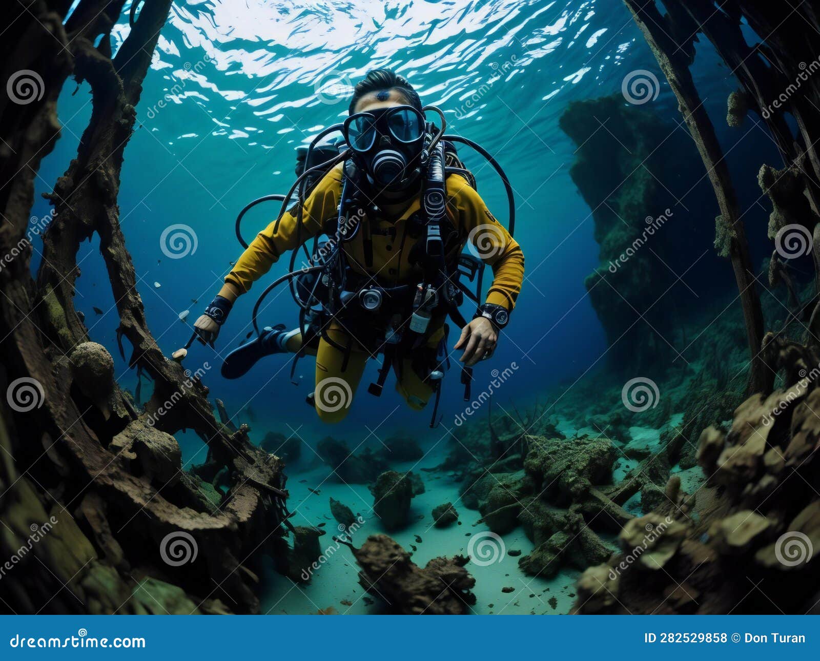 Scuba Diver Exploring a Sunken Ship Wreck. Generative Ai Stock Photo ...
