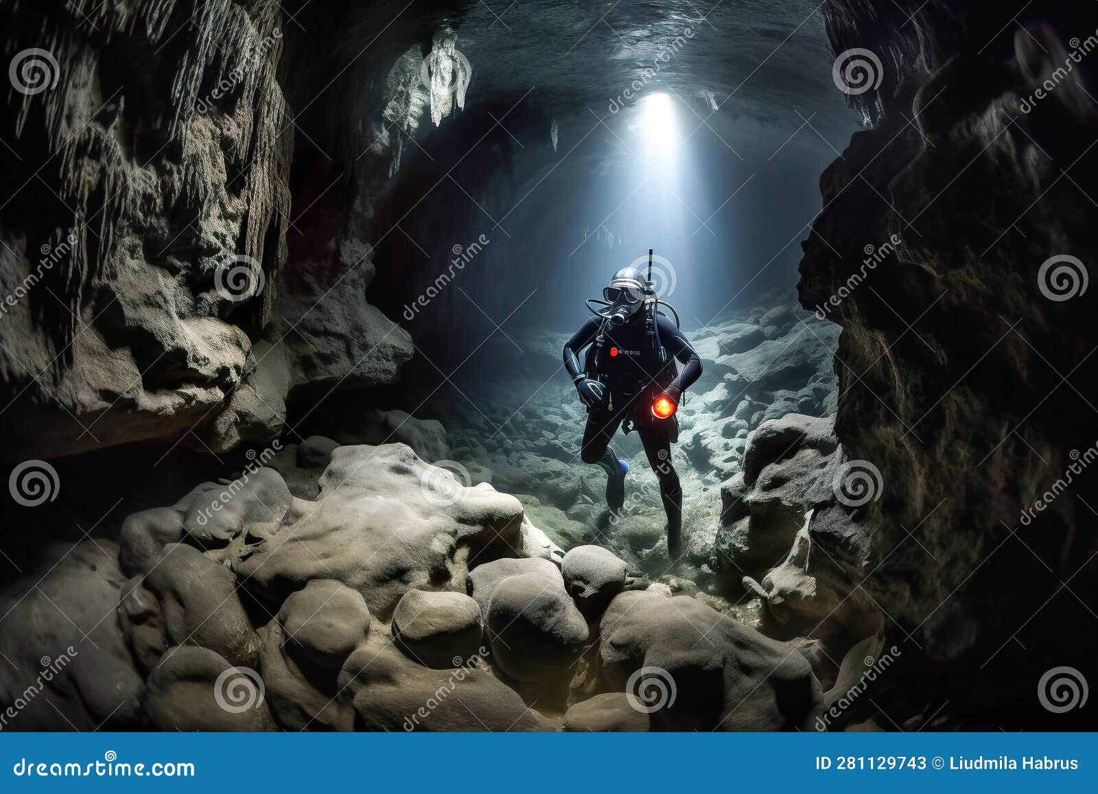 Scuba Diver Exploring Underwater Cave. Diving in Underwater Cave Stock ...