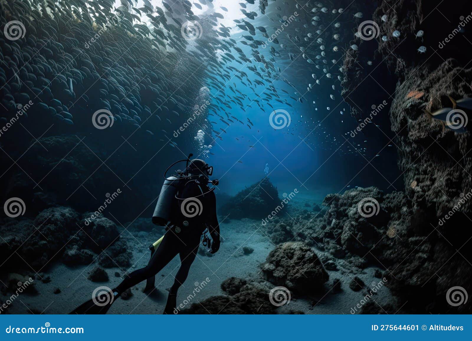 Scuba Diver Exploring Underwater Cave, with Schools of Fish Flitting ...