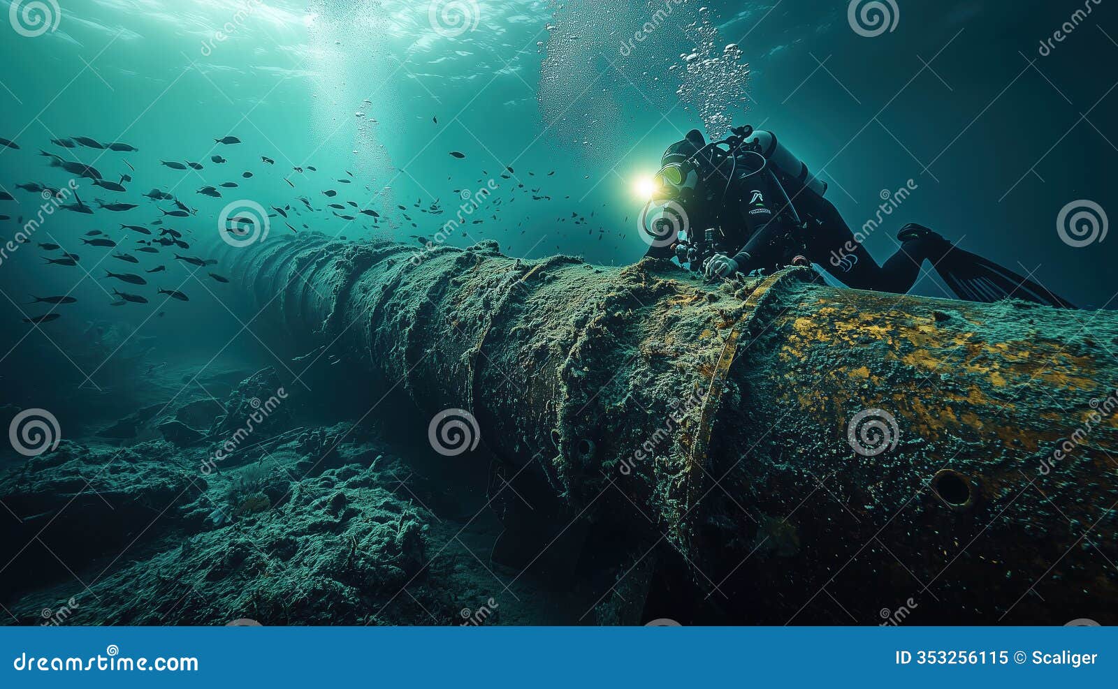 A Diver Exploring The Wreck Of A Historic Battleship, Surrounded By ...