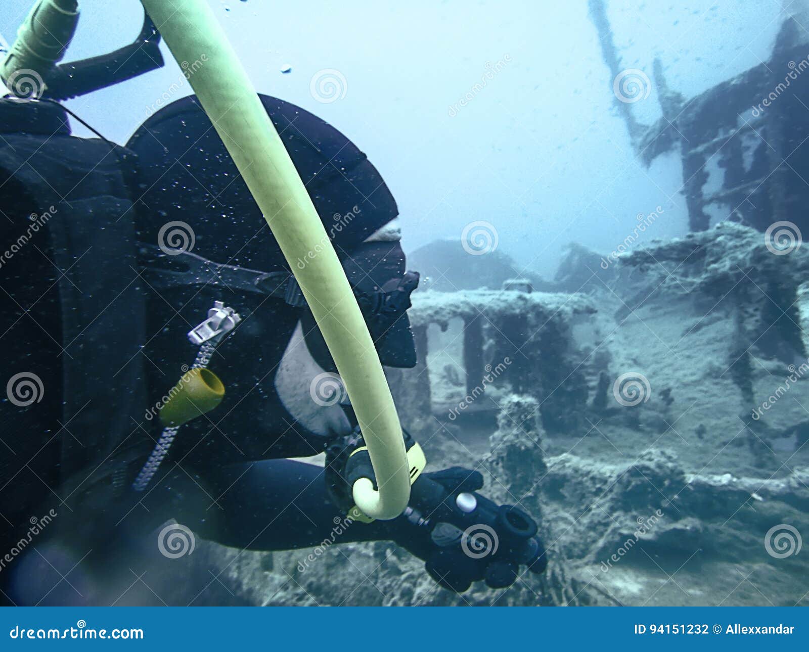 Scuba Diver Exploring Underwater Shipwreck Stock Photo - Image of water ...