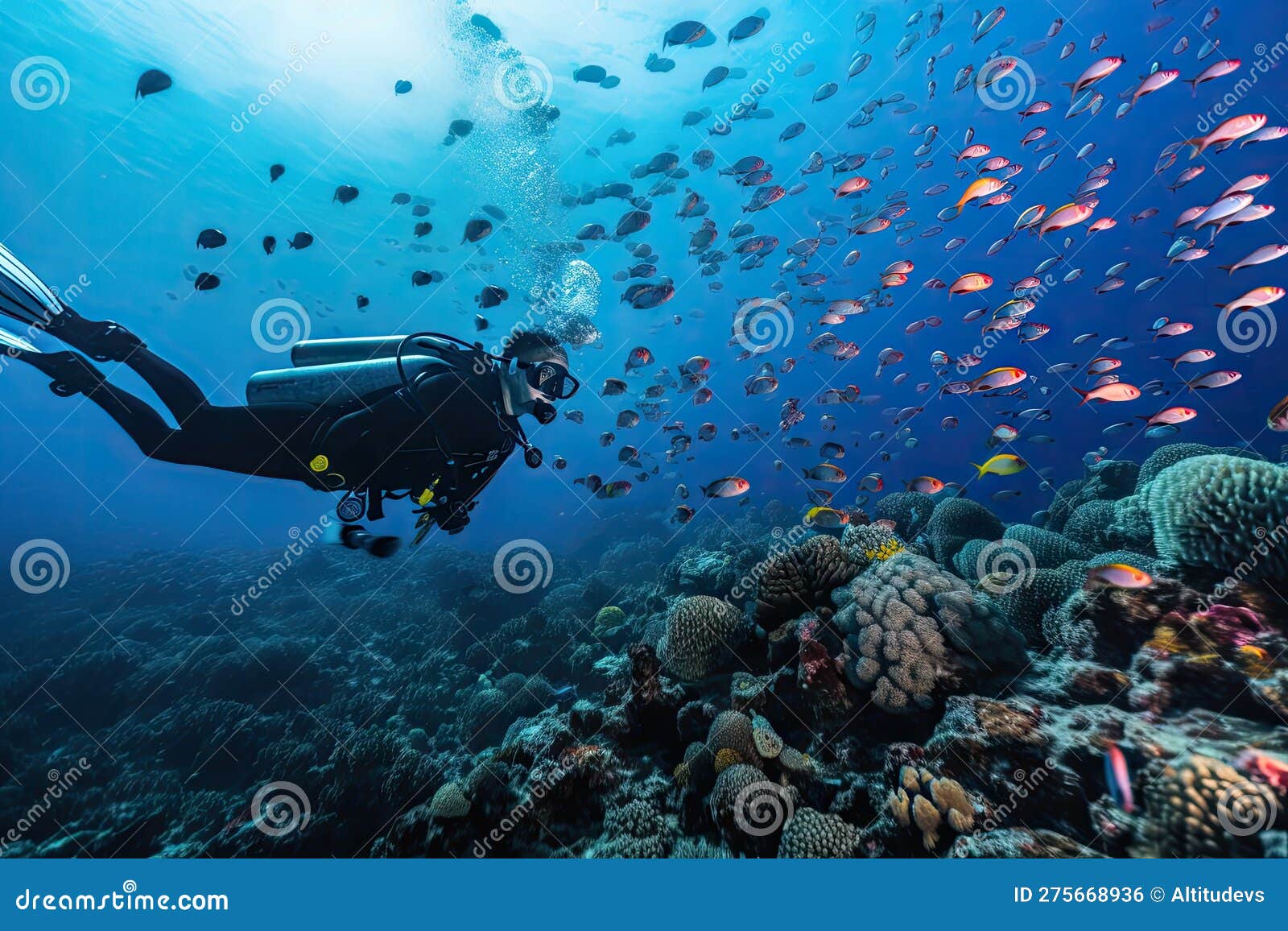Scuba Diver Exploring the Underwater World, Surrounded by Schools of ... Scuba Diver Exploring the Underwater World, Surrounded by Schools of ...