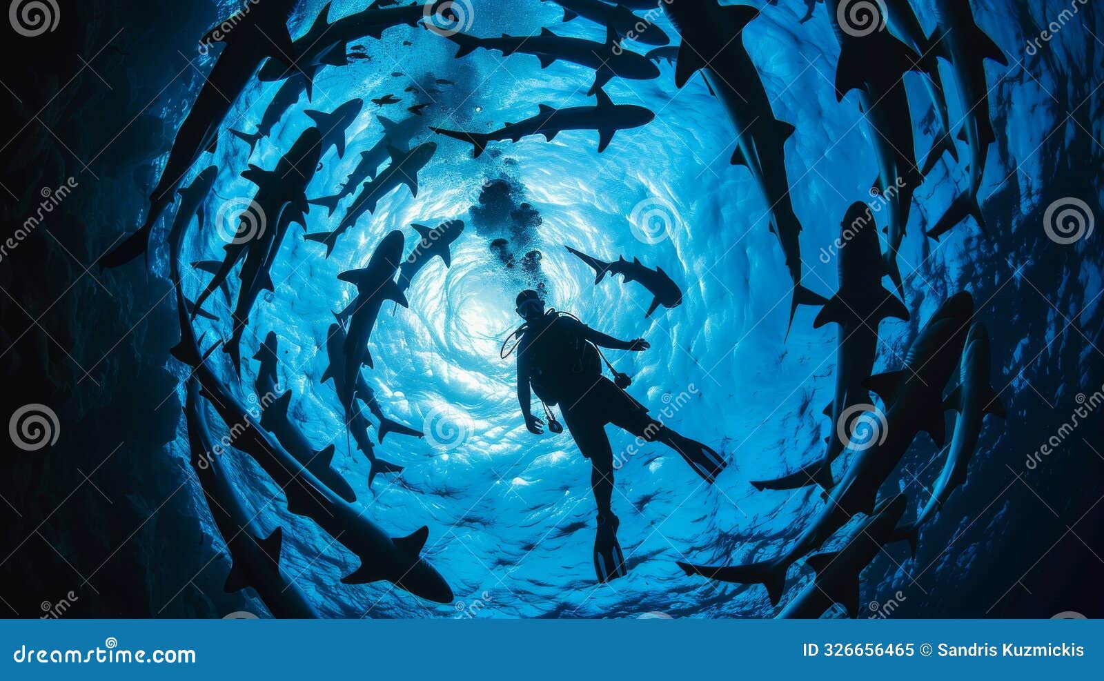 Scuba Diver Surrounded by Sharks in the Ocean. Generative AI. Stock ...