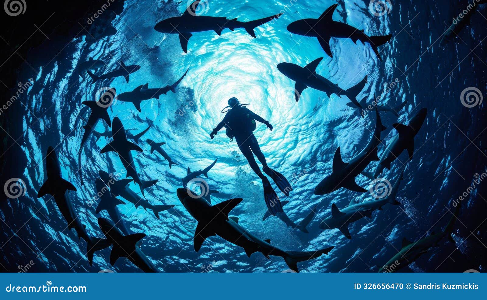 Scuba Diver Surrounded by Sharks in the Ocean. Generative AI. Stock ...