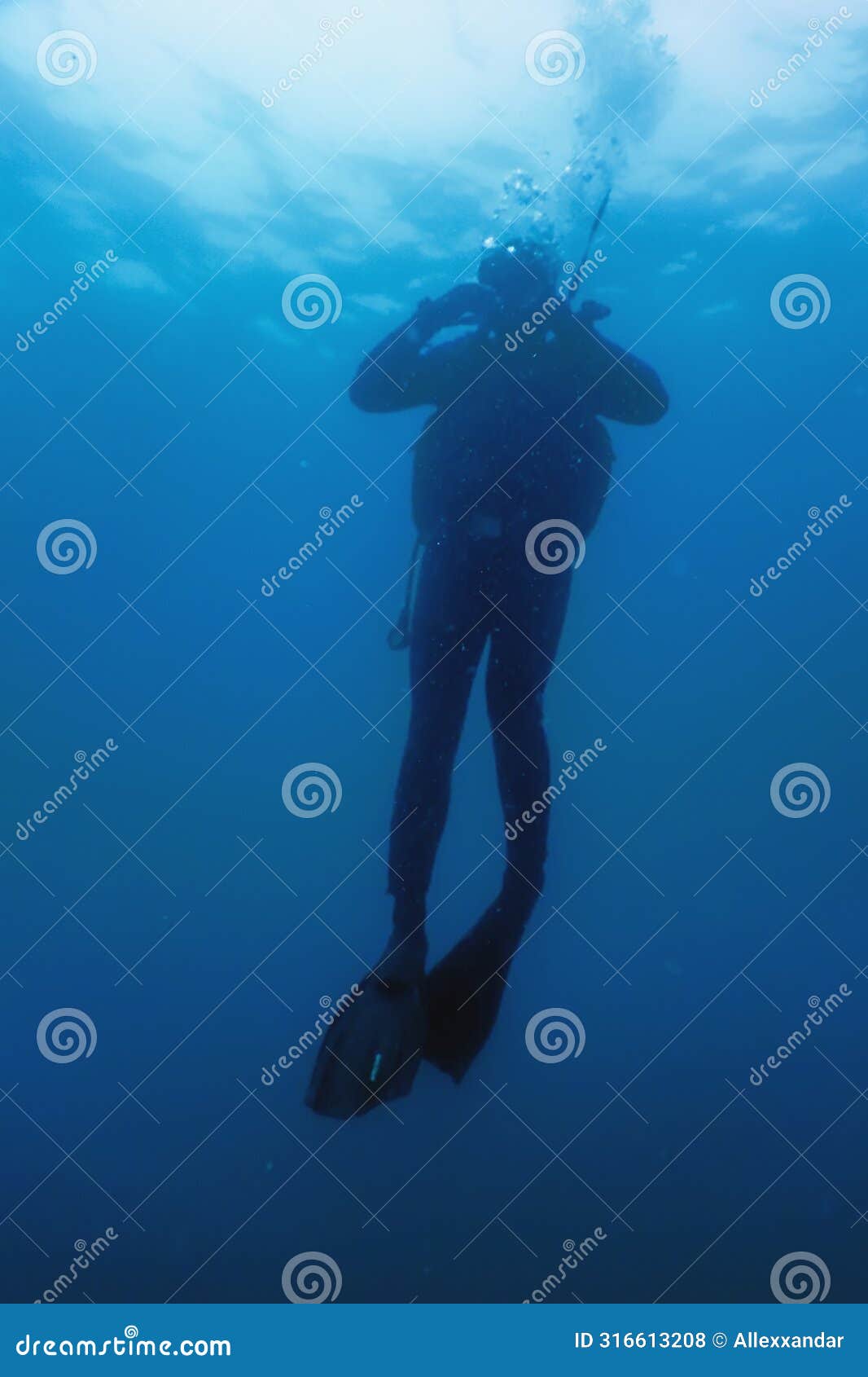 Scuba Diver Swimming Blue Water Copy Space Stock Photo - Image of reef ...
