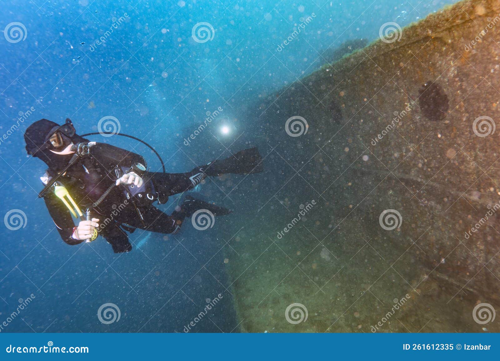 Divers Exploring a Shipwreck Underwater Stock Image - Image of reef ...