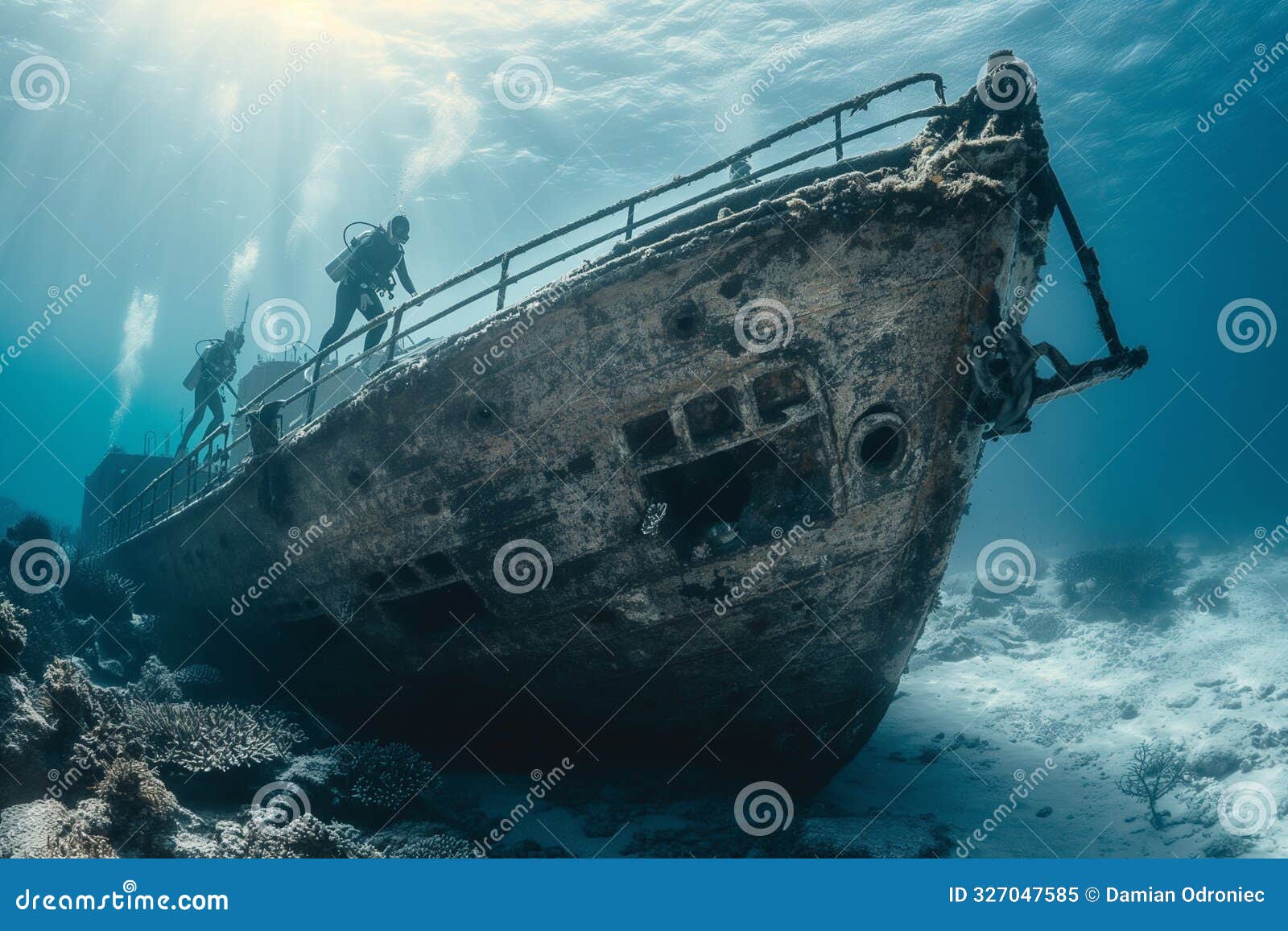 Scuba Divers Exploring Underwater Shipwreck Stock Photography ...