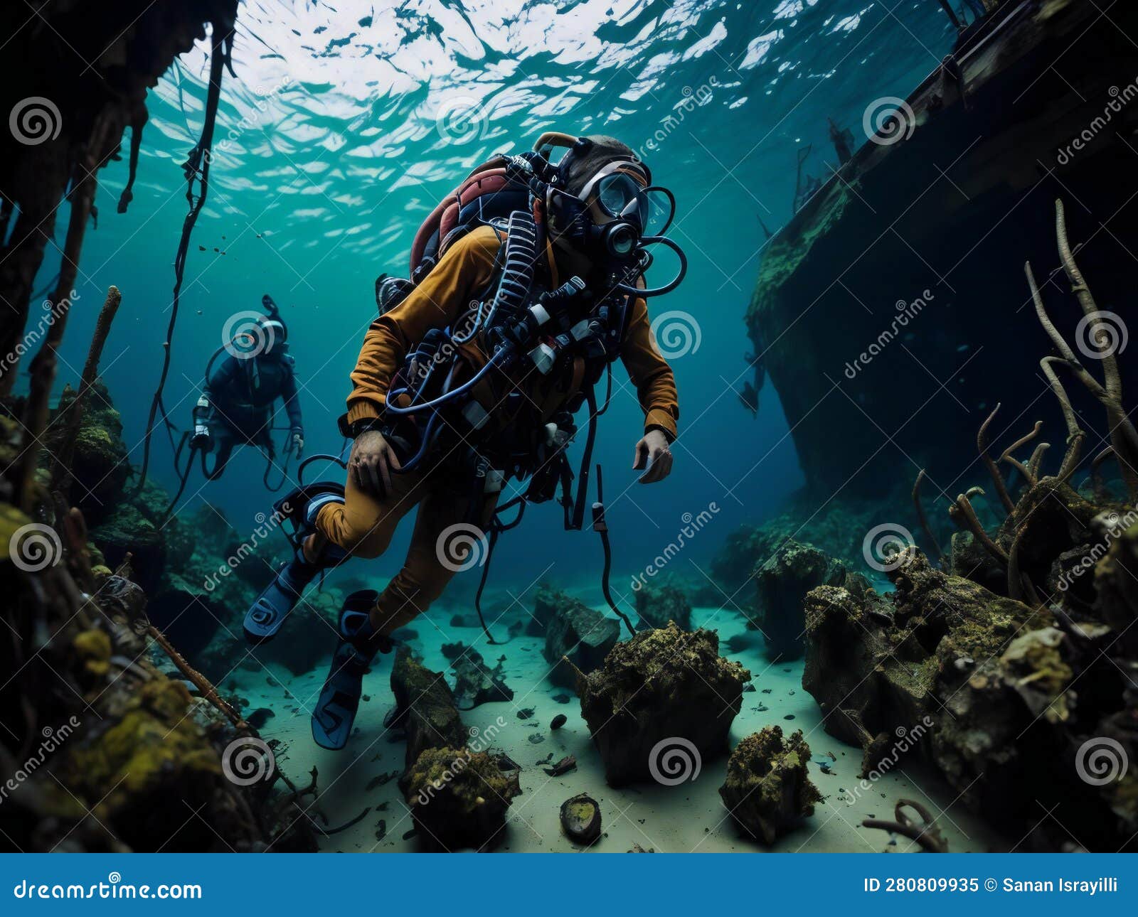 Scuba Divers Exploring the Wreck of a Ship in the Deep Blue Sea ...