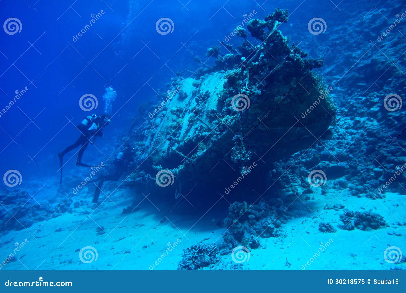 Scuba Divers at Underwater Wreck Stock Image - Image of underwater ...