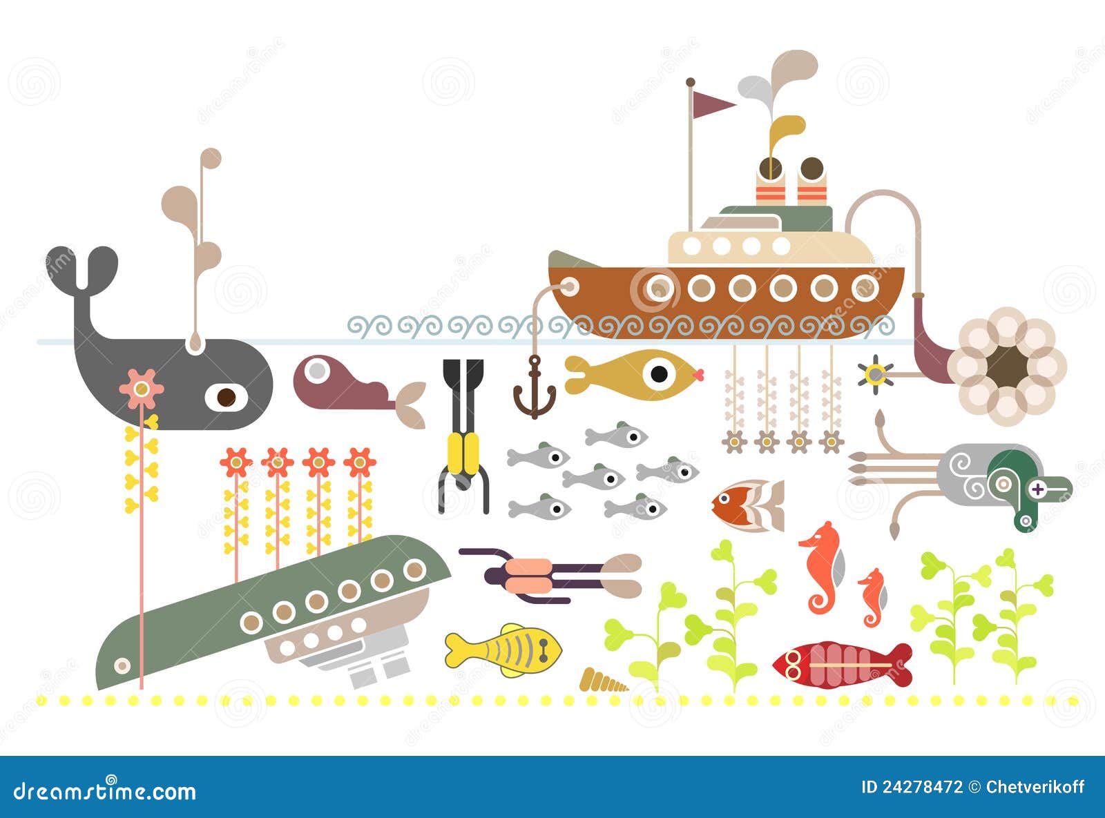 Wreck Diving Vector Illustration, Cartoon Flat Scuba Diver Characters ...