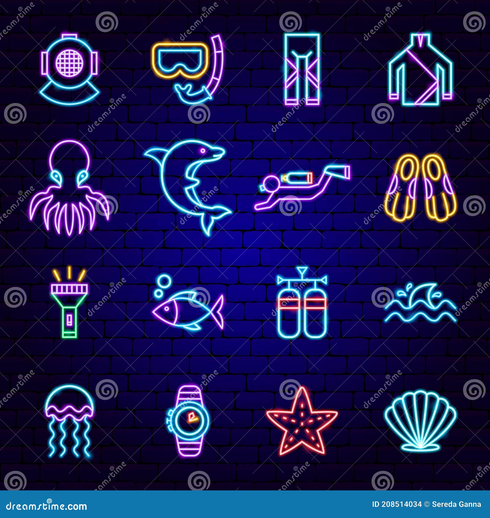 Scuba Diving Neon Icons stock vector. Illustration of ocean - 208514034