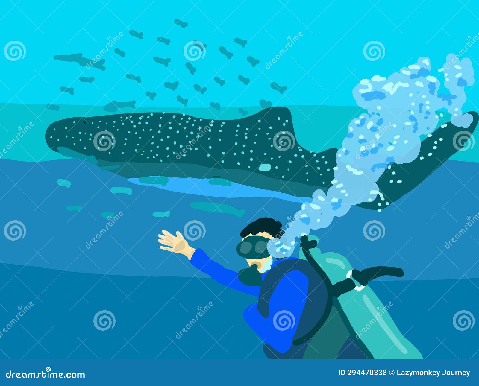 Scuba Diving with Whale Shark, Line Art Drawing Stock Photo - Image of ...
