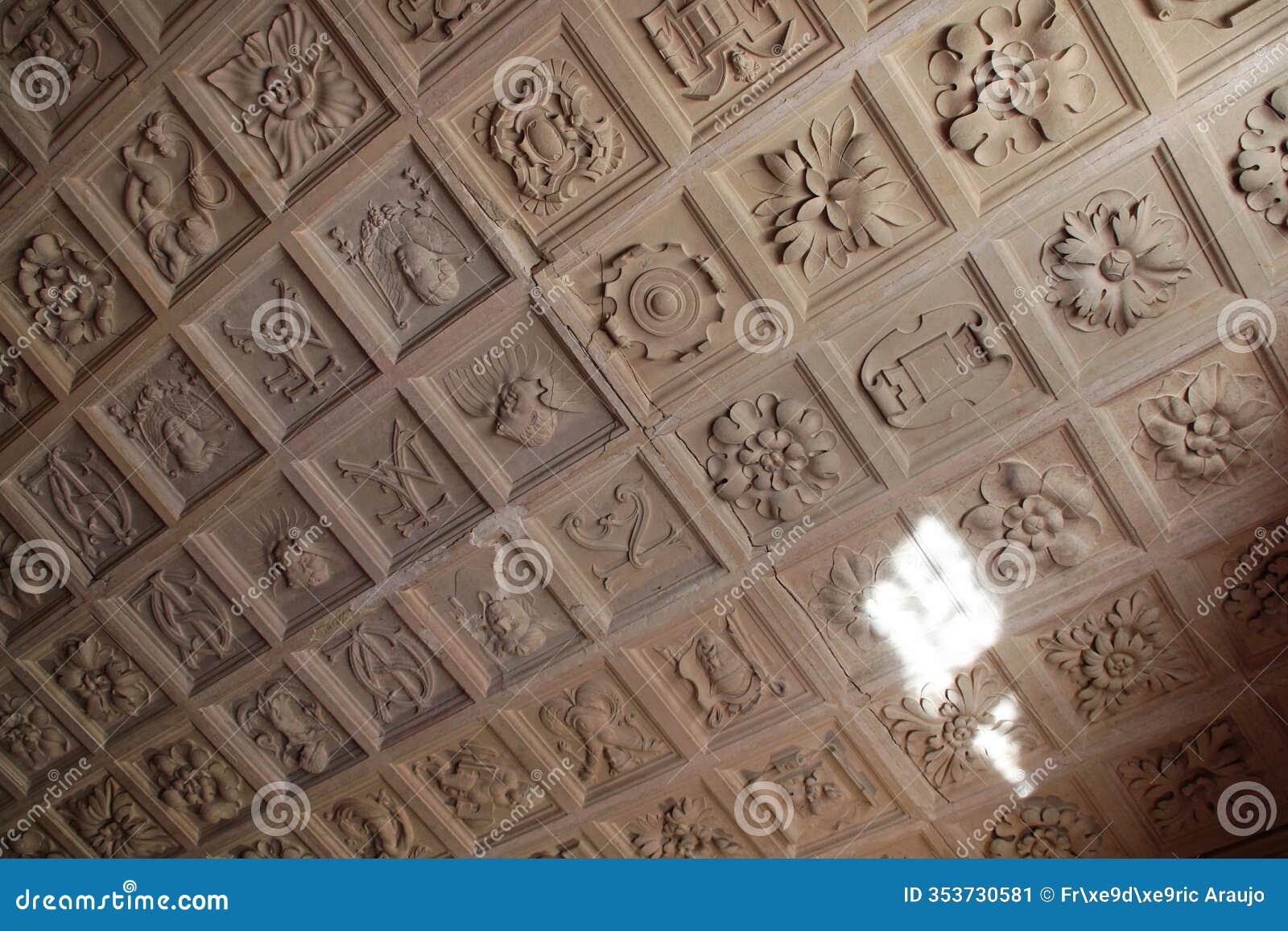 Sculpted Coffered Ceiling in a Castle - France Stock Image - Image of ...