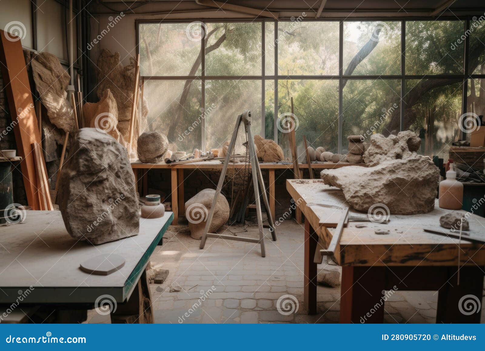 Sculptor S Studio, with Raw Materials and Finished Works on Display ...