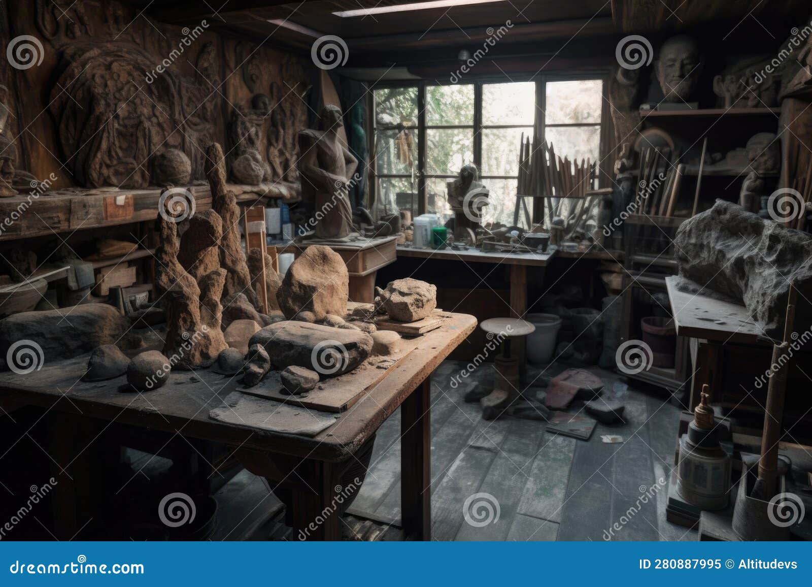Sculptor S Workshop, with Tools, Materials and Half-finished Work on ...