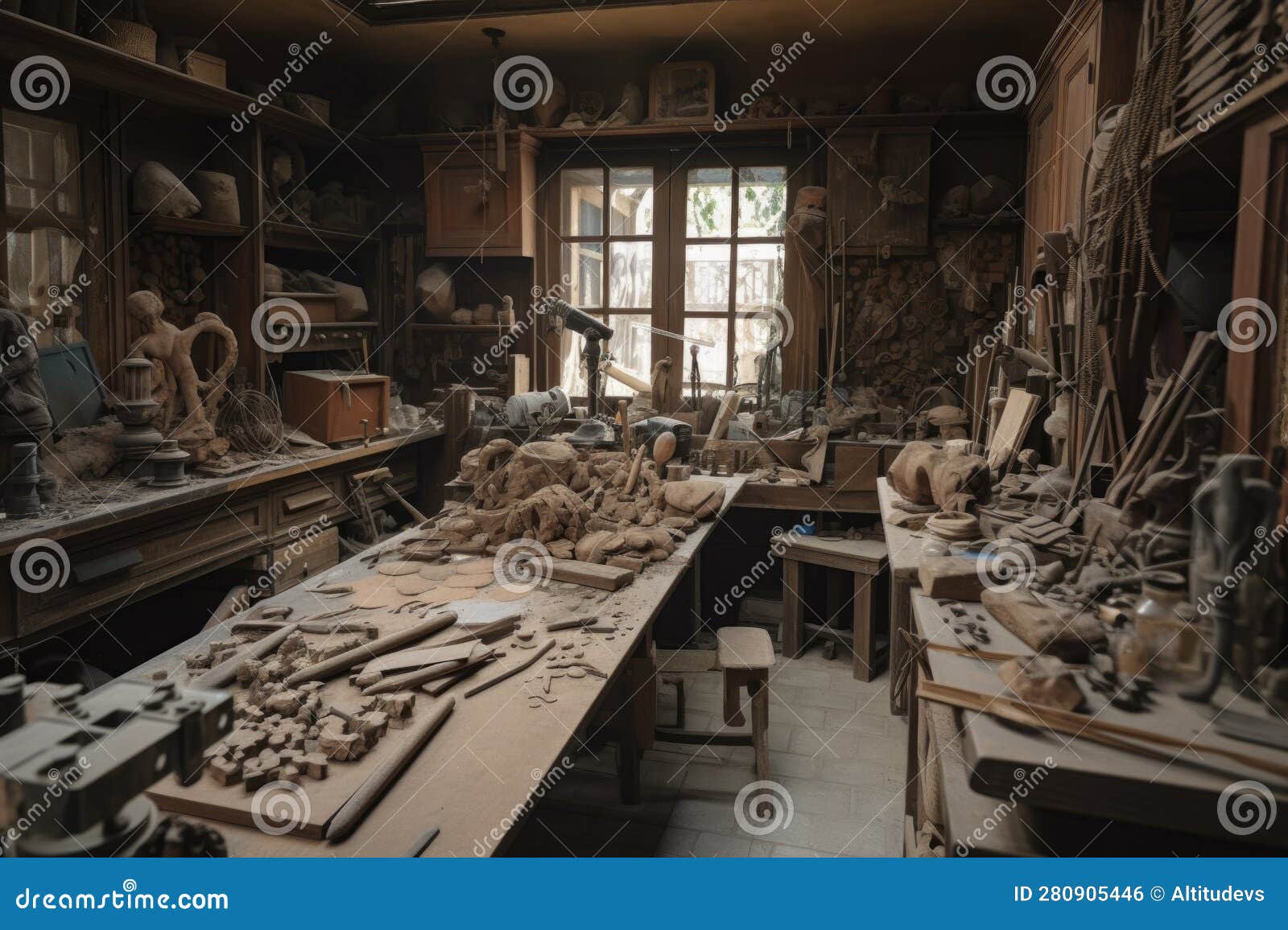 Sculptor S Workshop, with Tools, Materials and Half-finished Work on ...