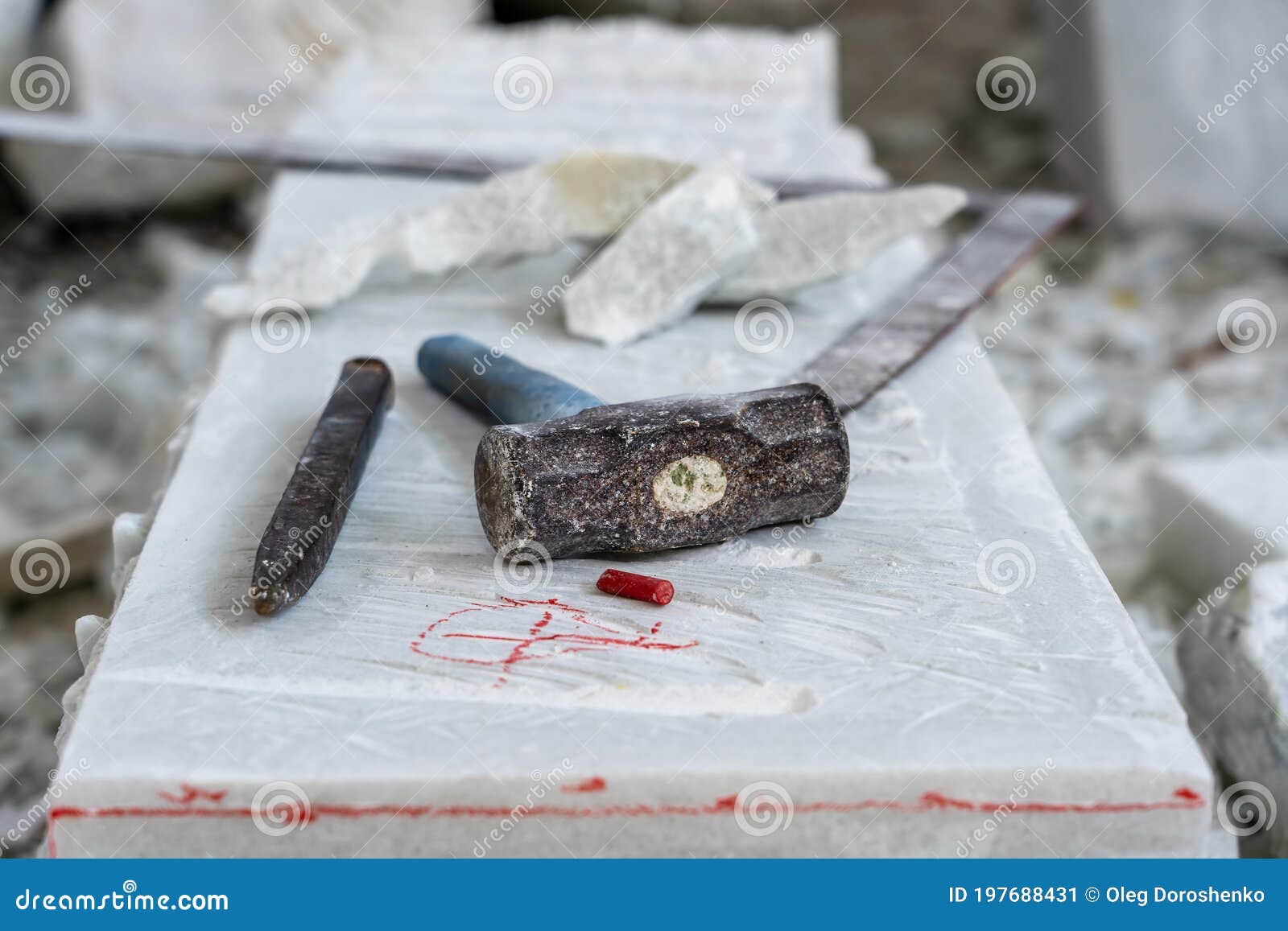 Sculptor Tools on a Marble Slab, Close Up. Workplace, Traditional Tools ...
