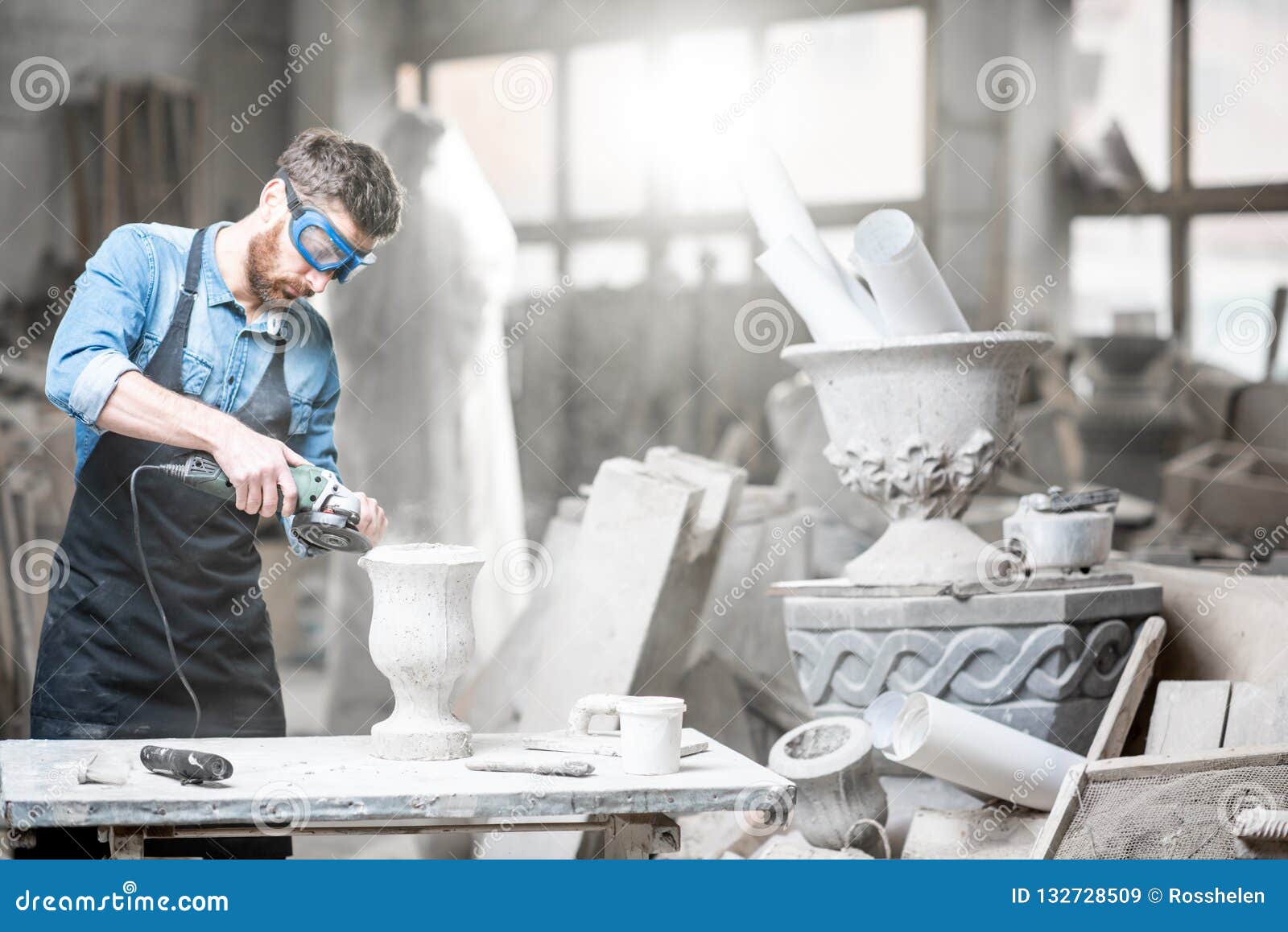Sculptor Working with Sculptures in the Studio Stock Image - Image of ...
