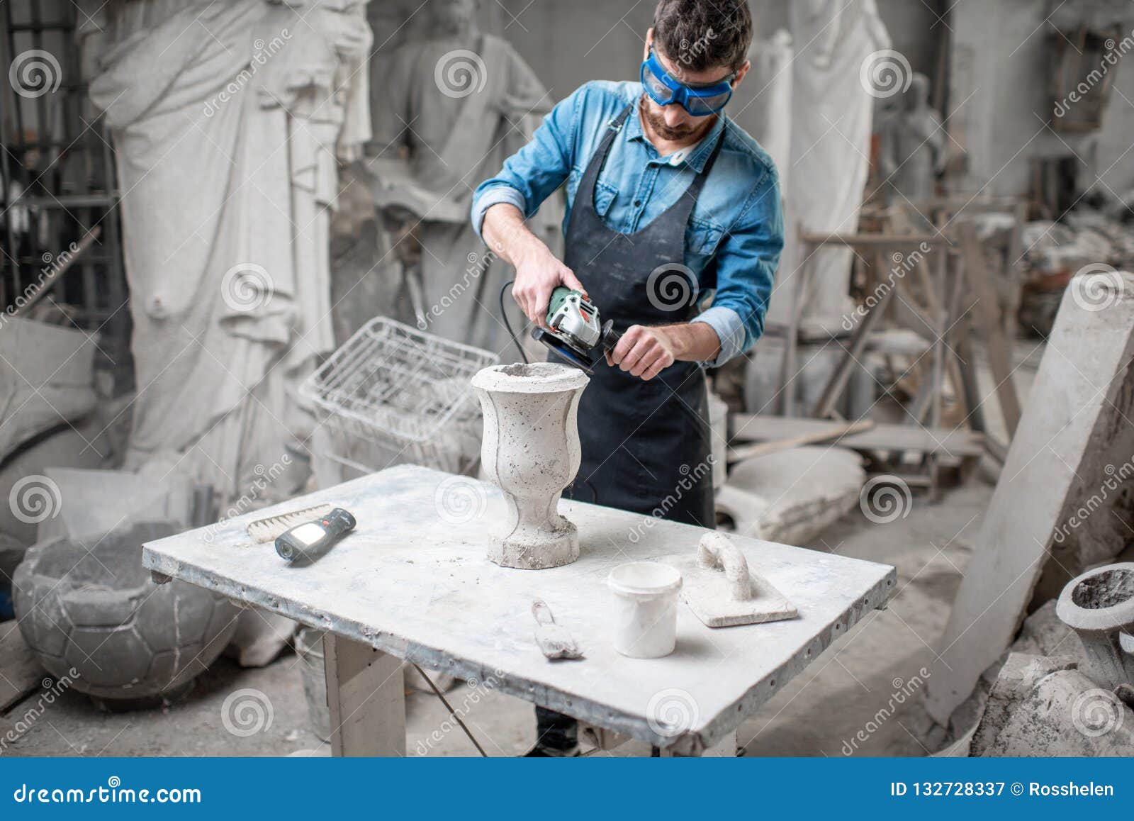 Sculptor Working with Sculptures in the Studio Stock Image - Image of ...