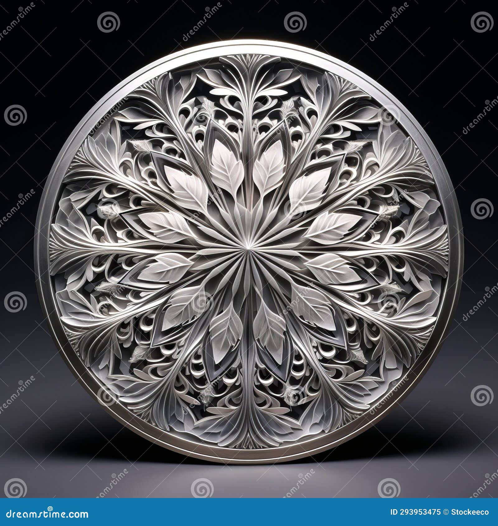 Intricate Silver Medallion with Hyperrealistic Design and Botanical ...